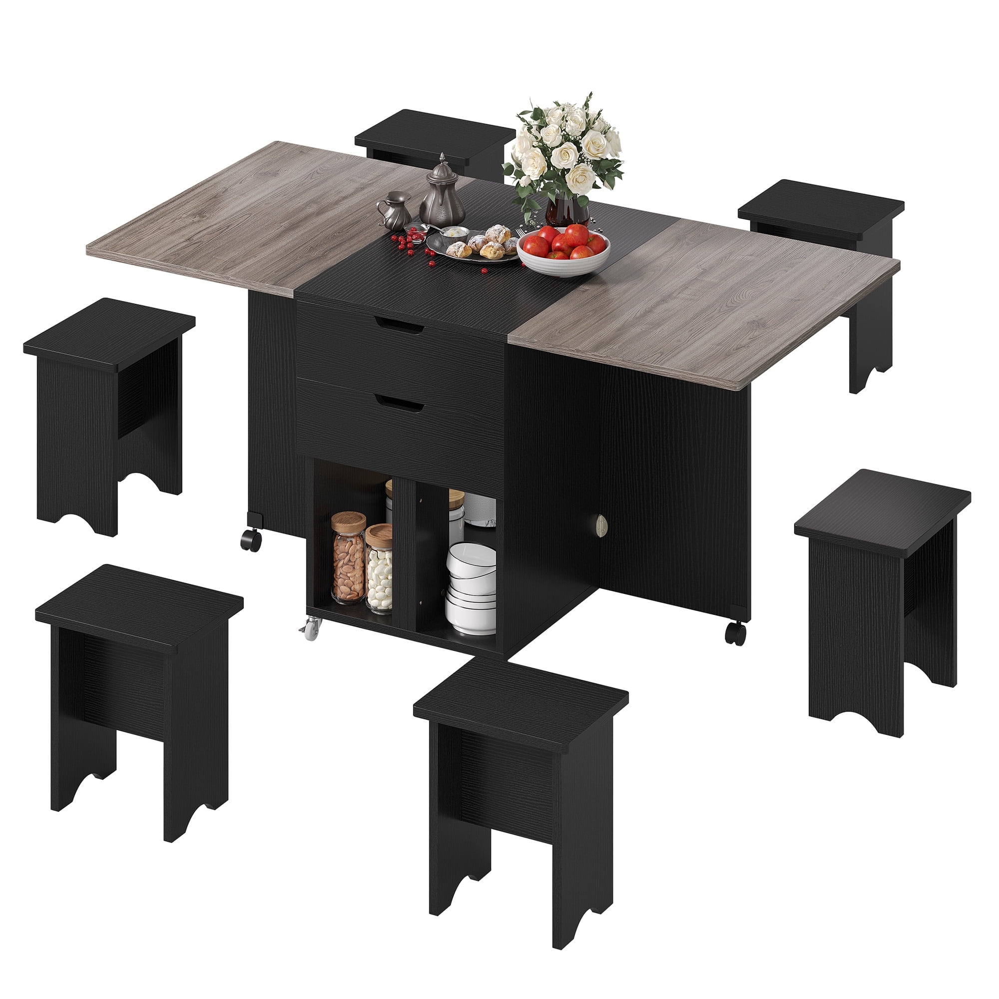 Dextrus 7 Pieces Folding Dining Table Set with 6 Chairs, 67'' Drop Leaf ...