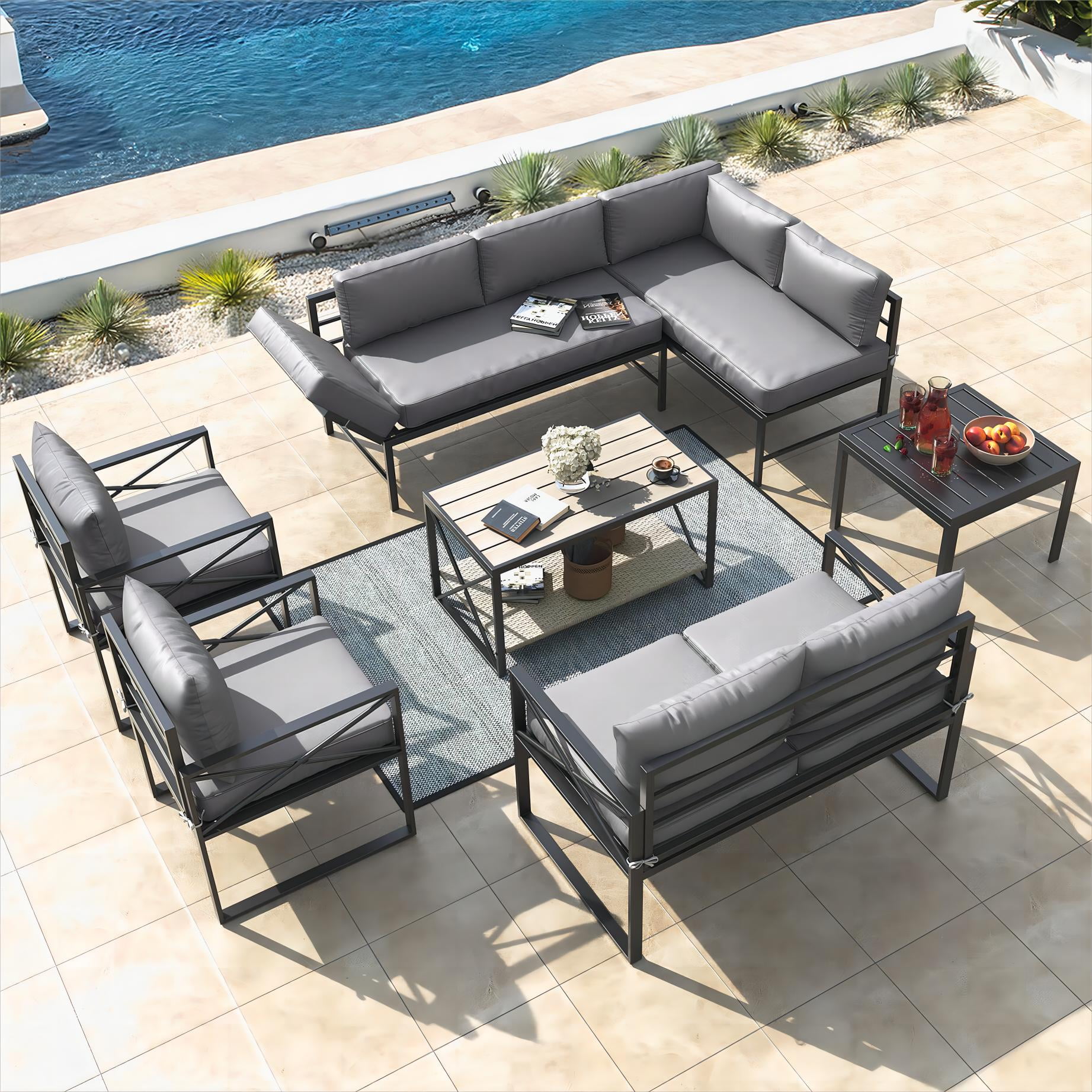Dextrus 7-Pc Outdoor Set with Loveseat, Oversized Couch & 2 Wicker ...
