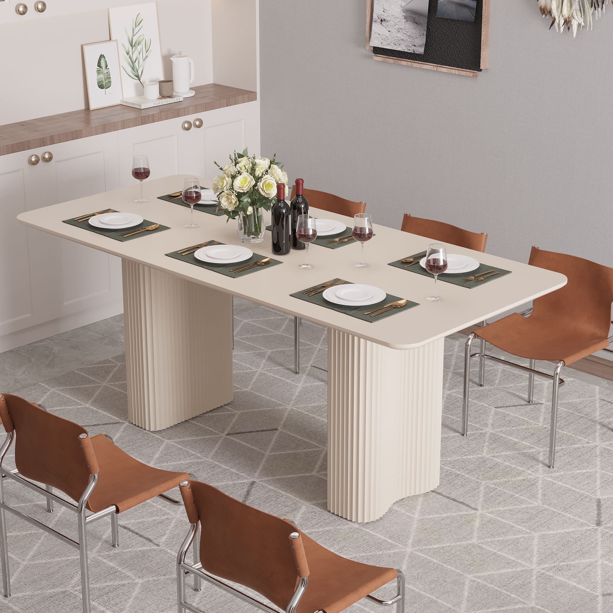 Dextrus 70.8" Modern Dining Table with Curved Wave Legs, Cream White ...