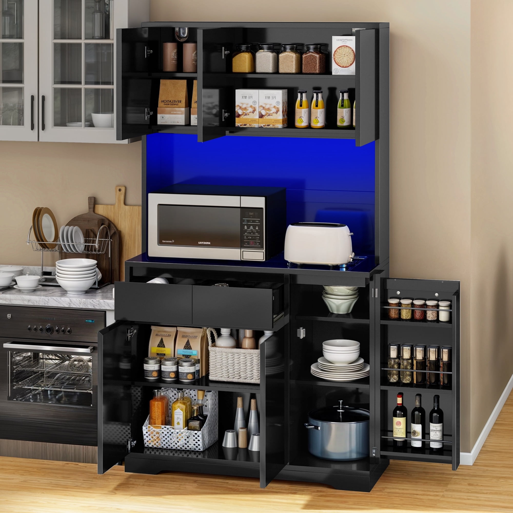DEXTRUS 70.9" Kitchen Pantry Cabinet with LED Lights & Power Outlets ...