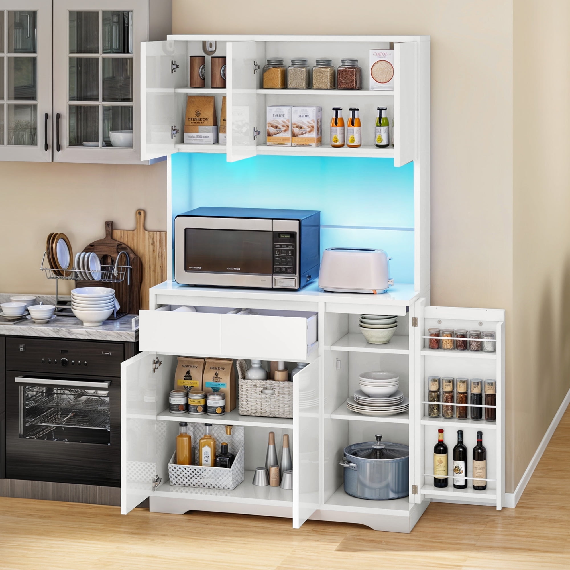 DEXTRUS 70.9" Kitchen Pantry Cabinet with LED Lights & Power Outlets ...