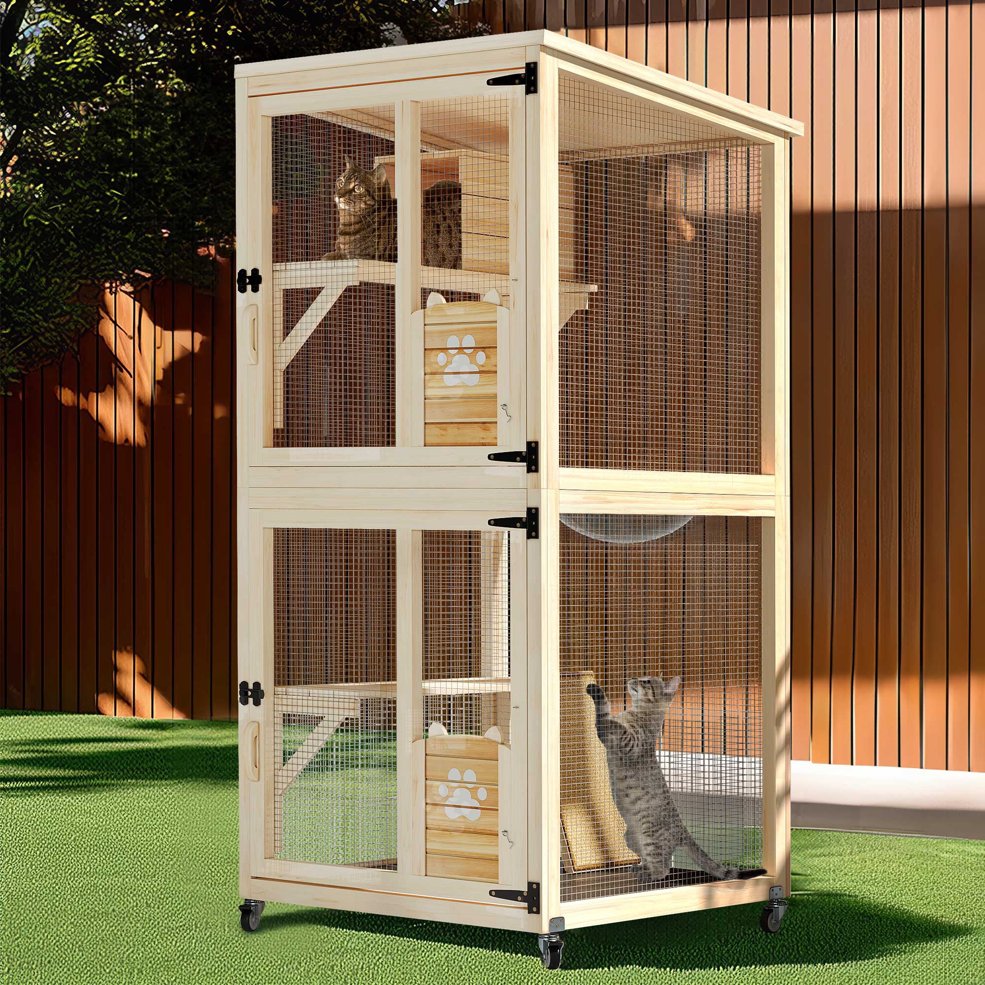 Dextrus 70.9" Wooden Cat House, Outdoor Catio Cat Enclosures with 4 ...