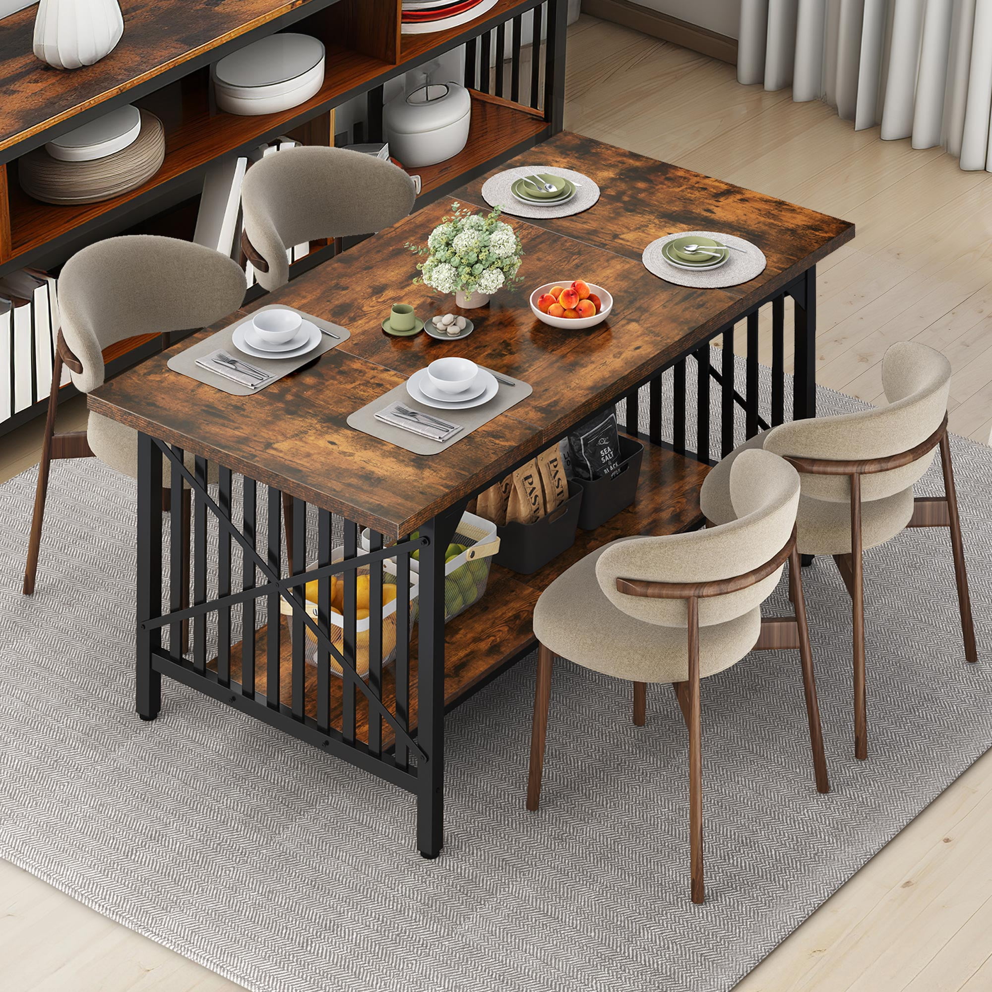 Dextrus 70" Dining Table for 4-8 People, Industrial Rectangular Wood ...