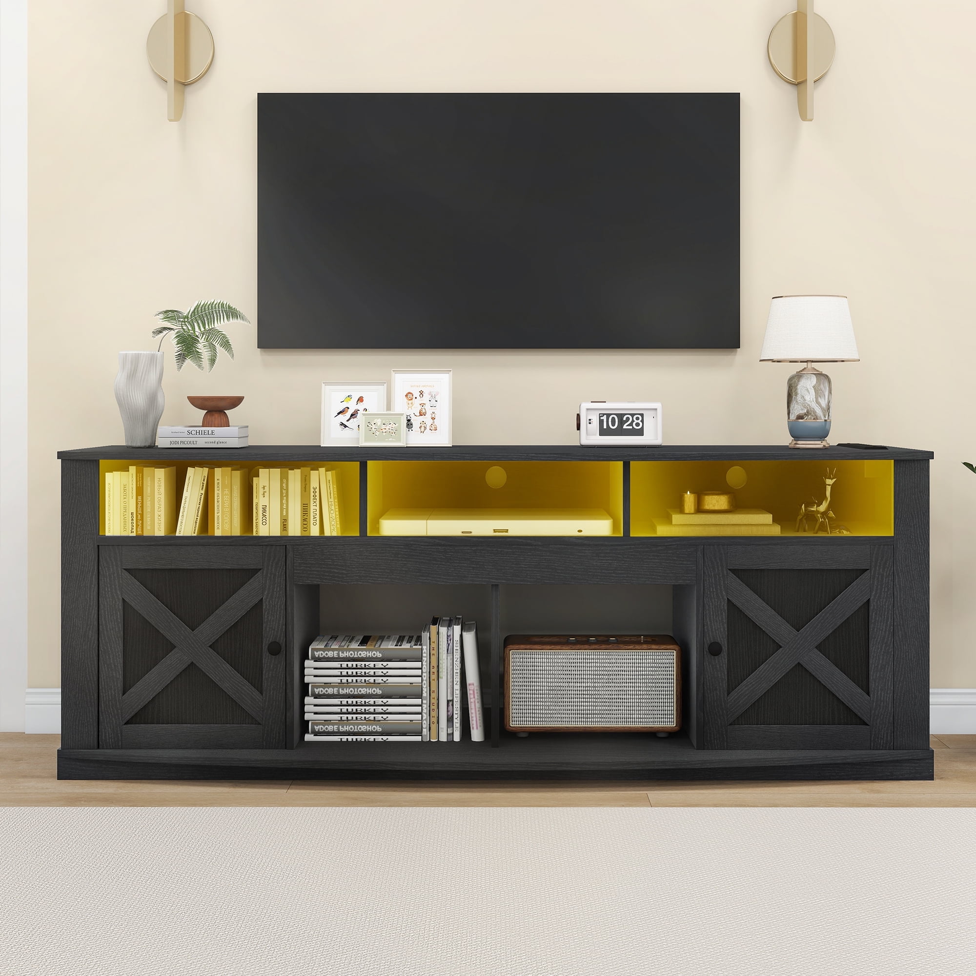 Dextrus 70 Inch Black Farmhouse TV Stand, Suitable for TVs Up to 80 ...