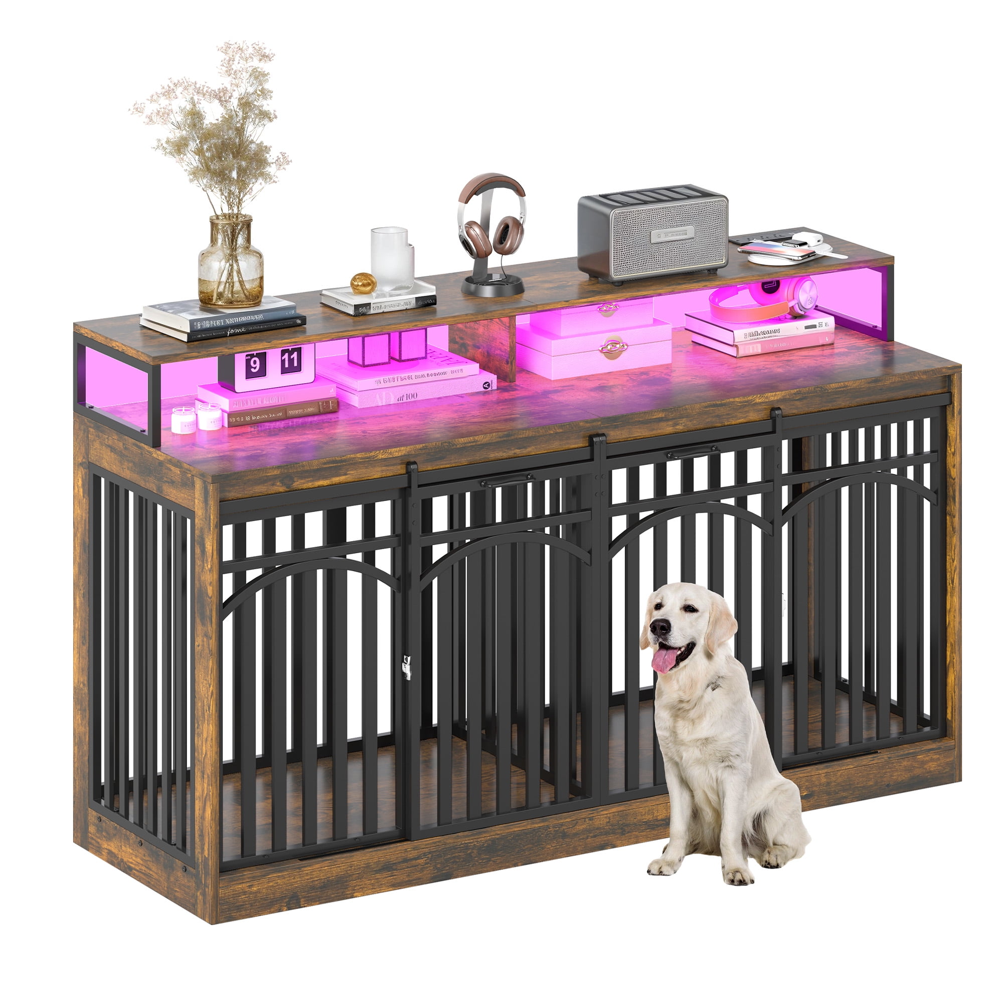 Dextrus 71" Large Double Dog Crate Furniture with LED Light & Power ...