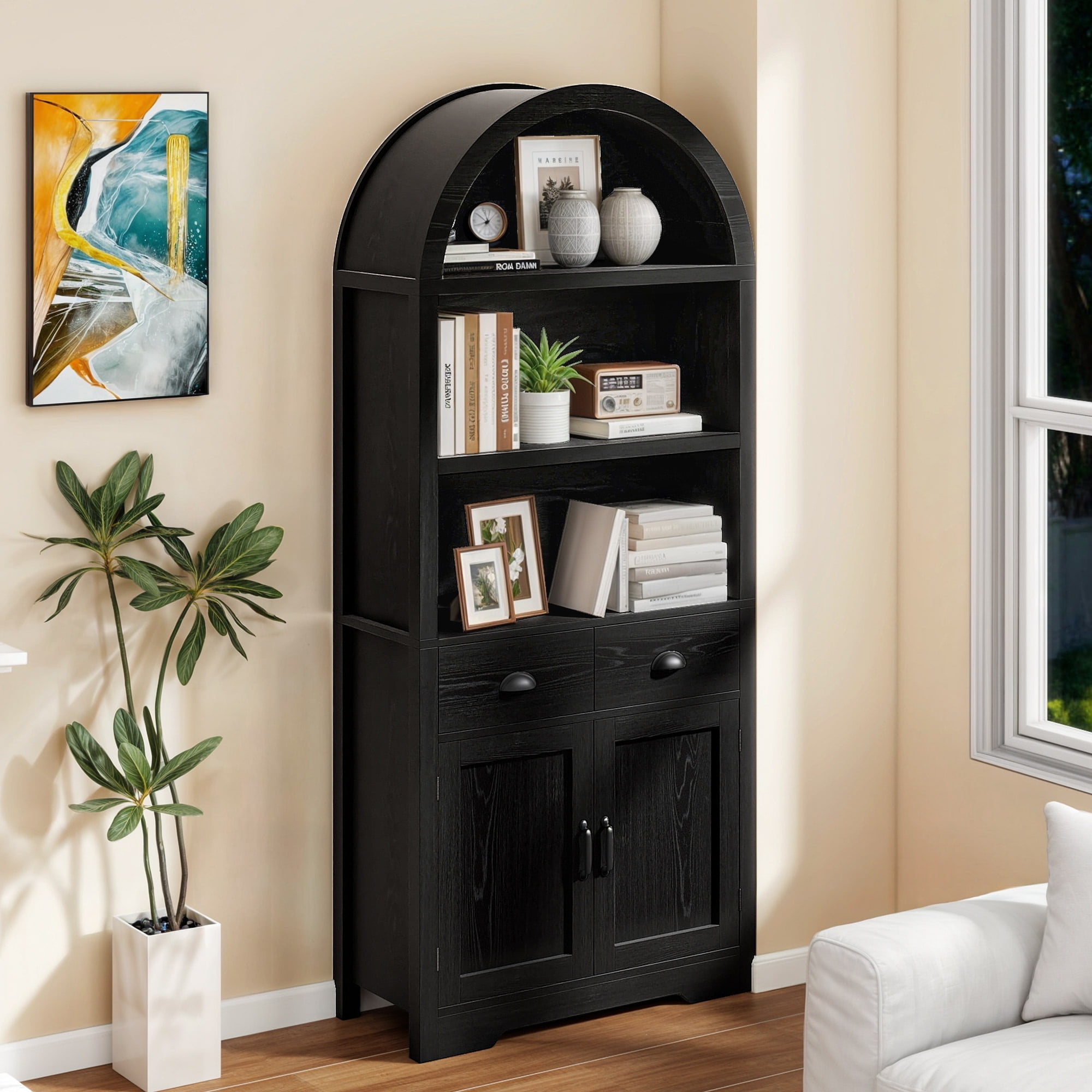 Dextrus 71 " Tall Bookshelf with Storage, Wooden Arched Bookcase with 2 ...