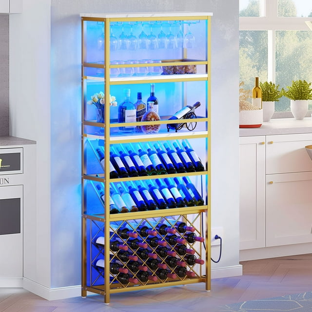 Dextrus 71" Tall Wine Rack with LED Light, 5-Tier Wine Bar Cabinet with ...