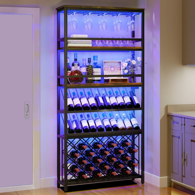 Dextrus 71" Tall Wine Rack with LED Light, 5-Tier Wine Cabinet with 42 ...