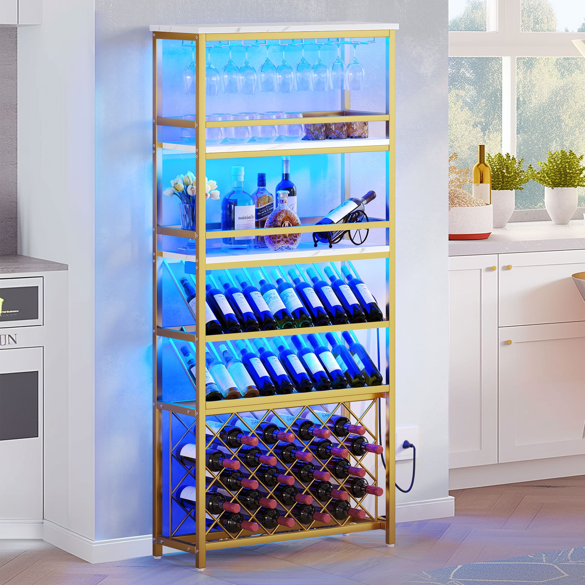 DEXTRUS 71" Tall Wine Rack with LED Light, 5-Tier Wine Bar Cabinet with ...