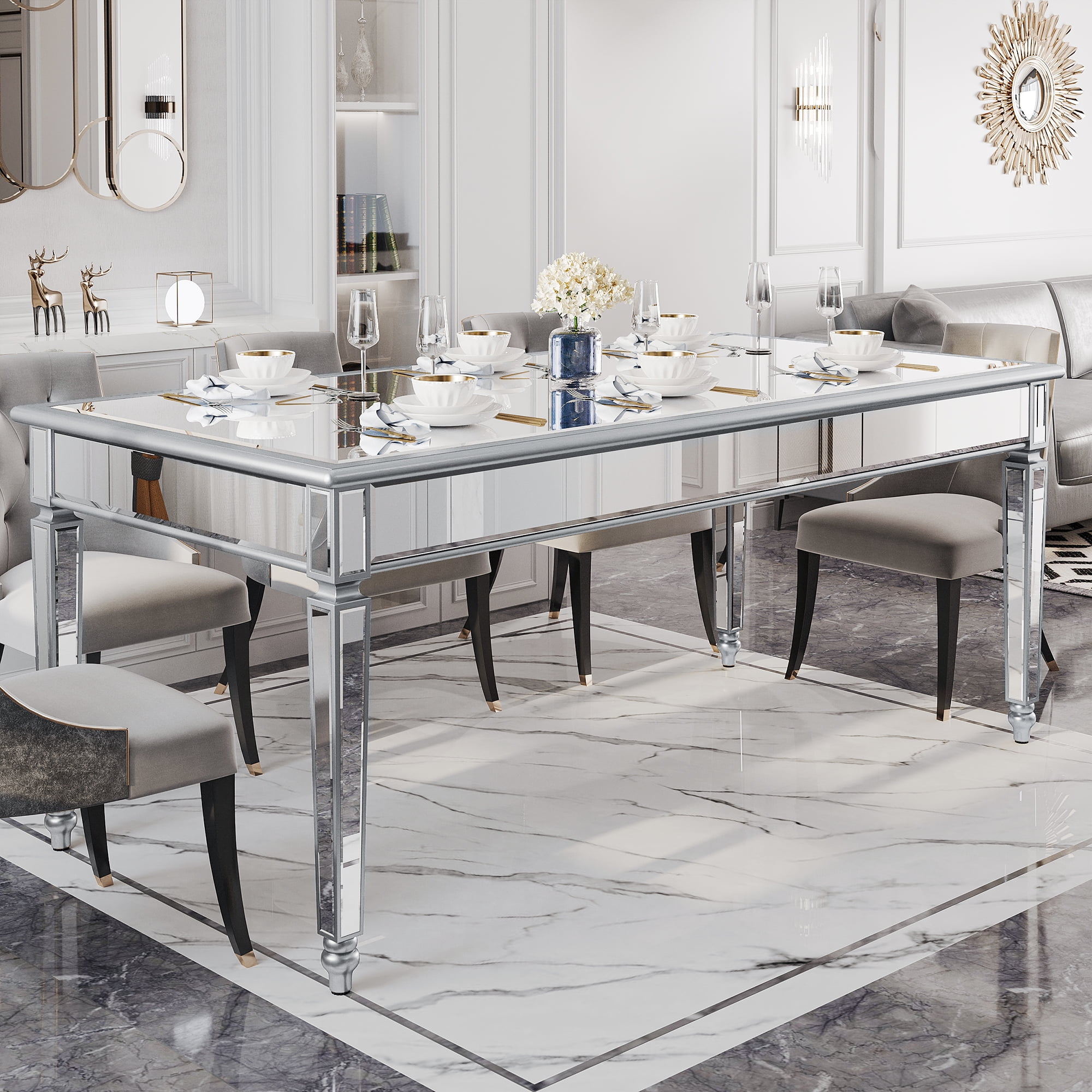 Dextrus 71 in Modern Glam Mirrored Rectangle Dining Table with Wood ...