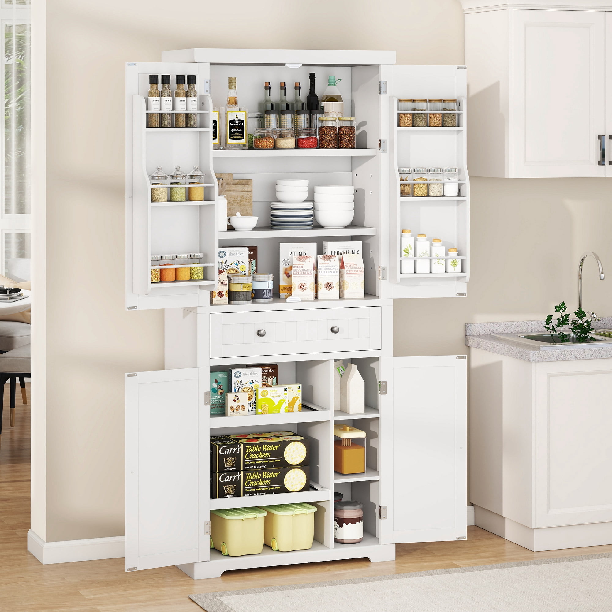 Dextrus 72'' Tall Kitchen Pantry Cabinet with Drawer, 4 Door Pantry ...