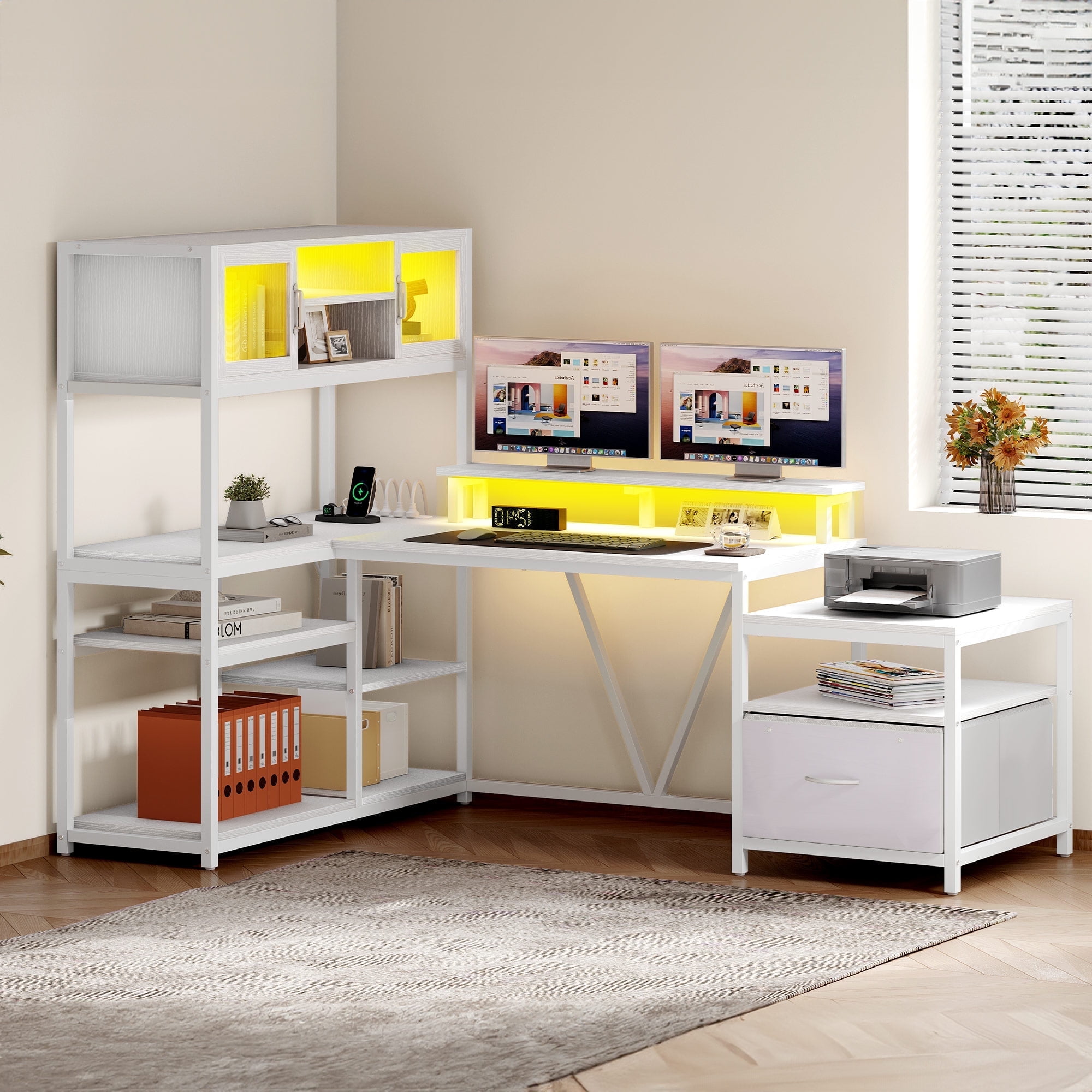 Dextrus 78.7" L Shaped Desk with LED Light & Hutch, Reversible Computer ...