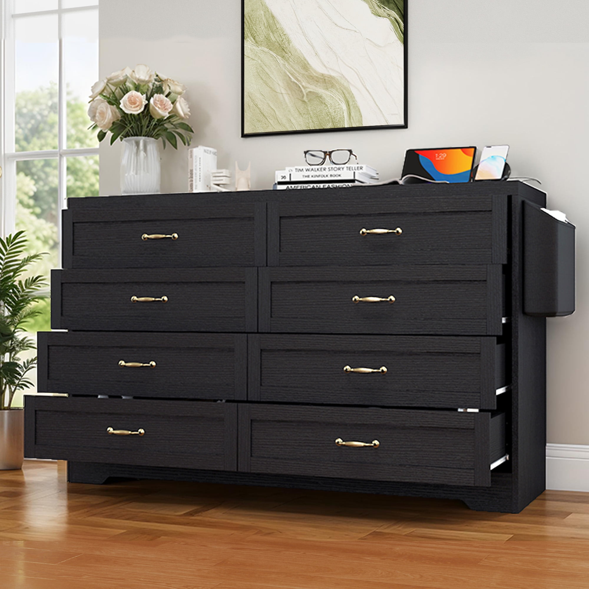 Dextrus 8-Drawer Double Dresser with Power Outlets, Wood Chest of ...