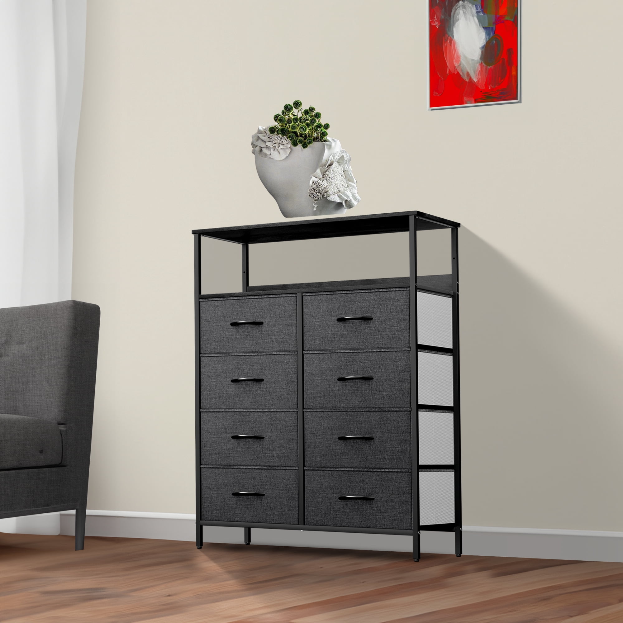 Dextrus 8-Drawer Fabric Storage Black Gray Unit with Shelves,Living ...
