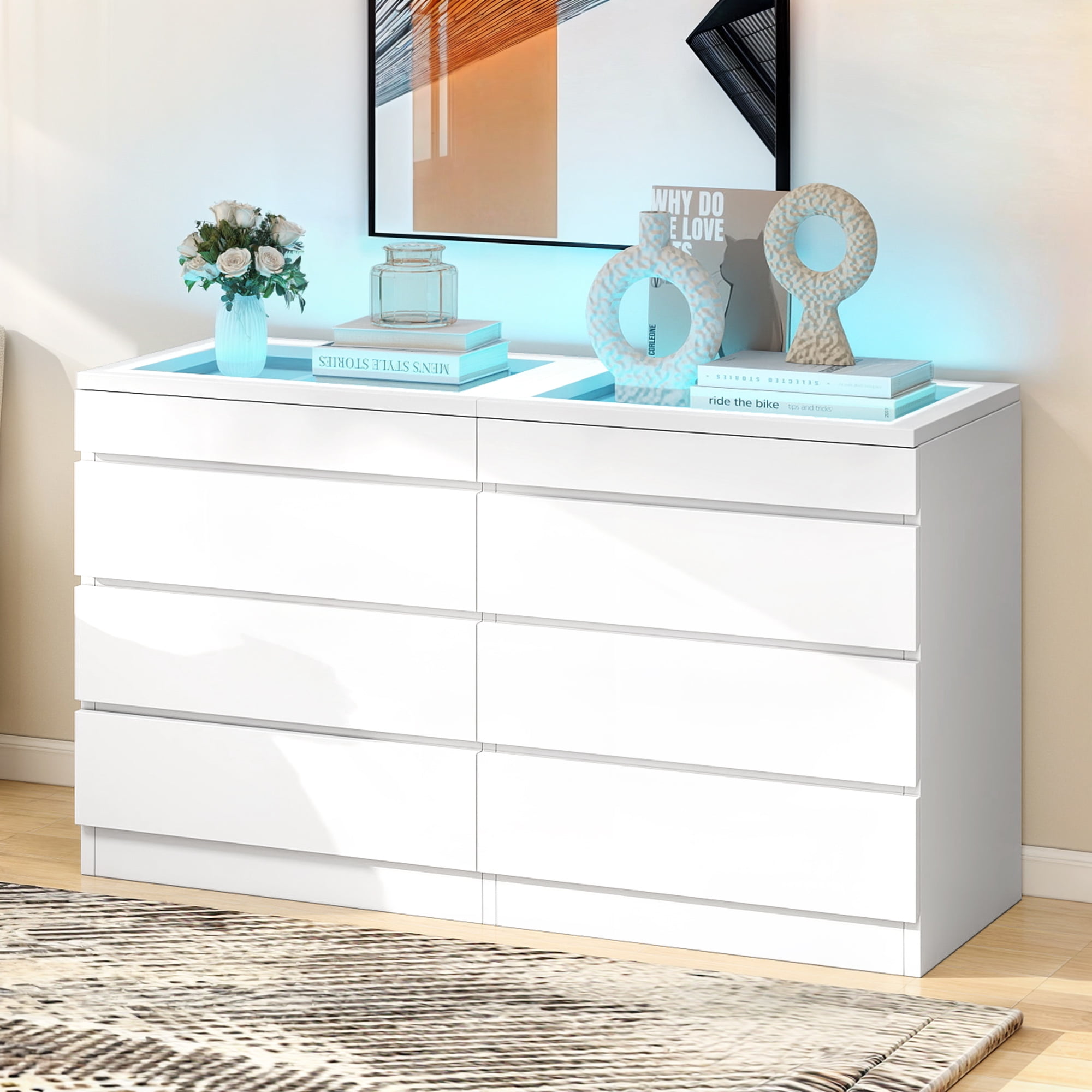 Dextrus 8 Drawers Double Dresser with LED Lights, Modern Storage ...
