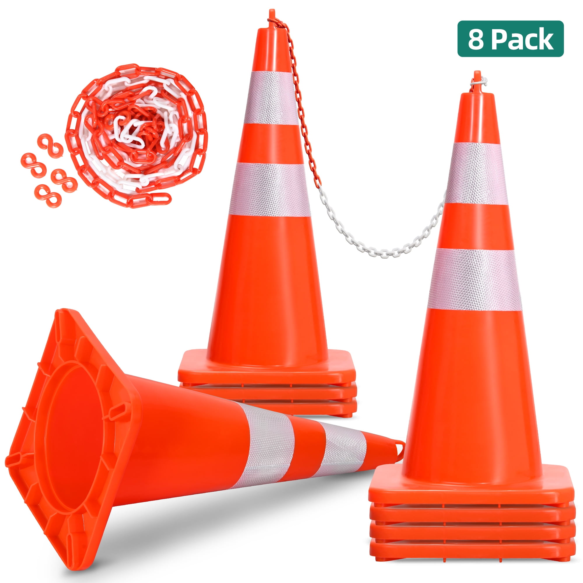 Dextrus 8 Pcs Traffic Cones, 28" PVC Safety Cones with 23ft Chain and ...