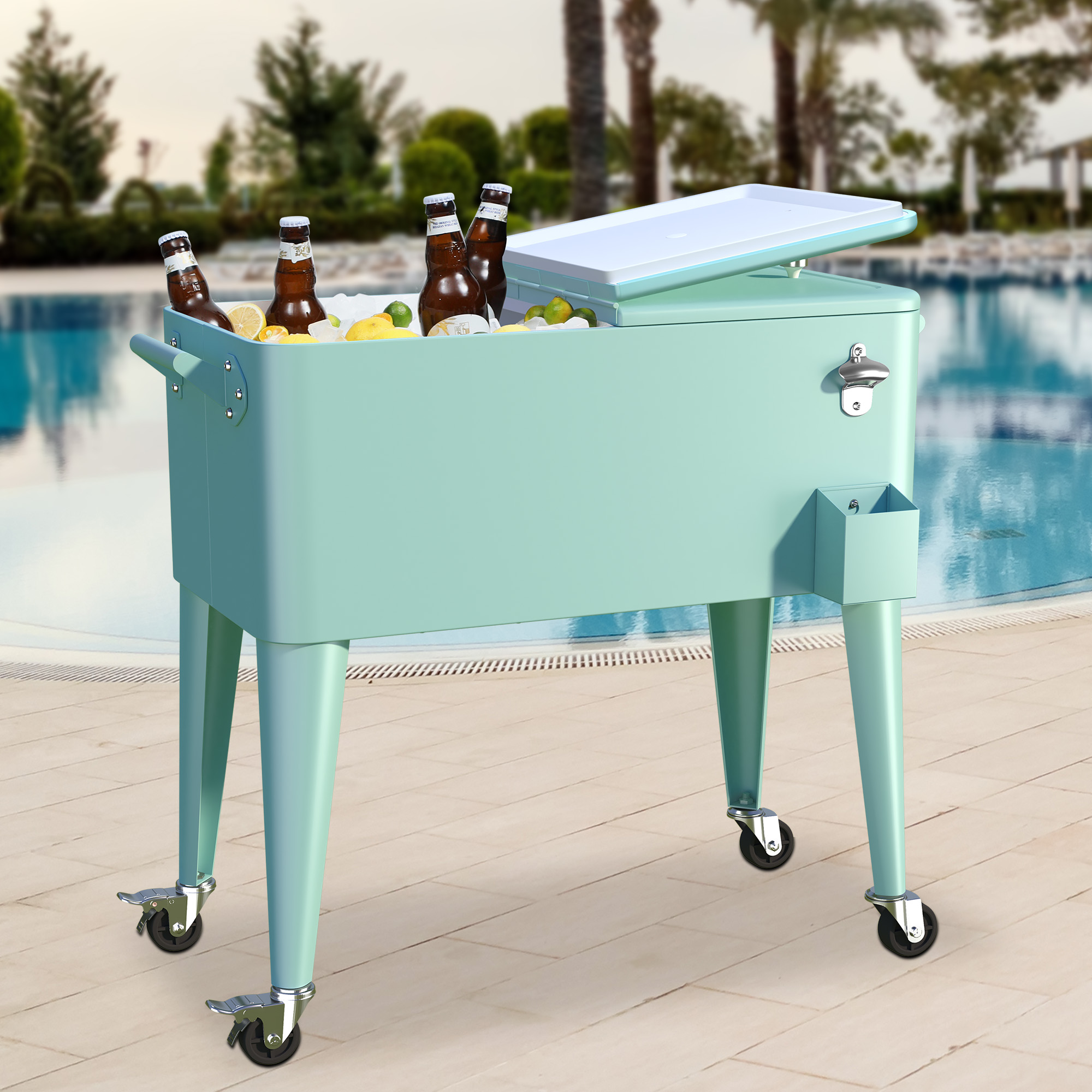 Suncast 85 Quart Resin Backyard Entertaining Cooler Station with Wheels ...