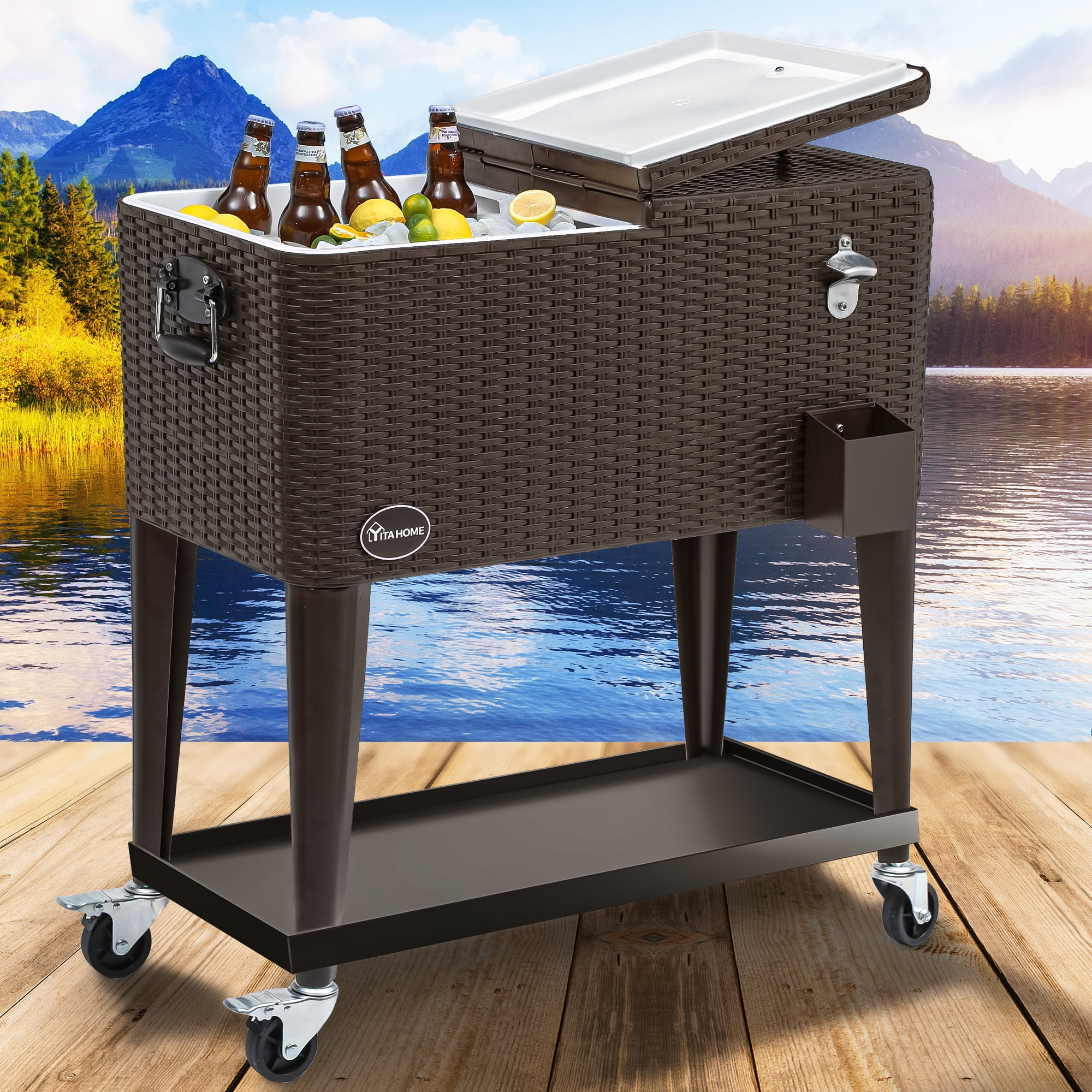 Dextrus 80 Quart Outdoor Rolling Cooler Cart with Bottle Opener Drainage, Portable Beverage ...