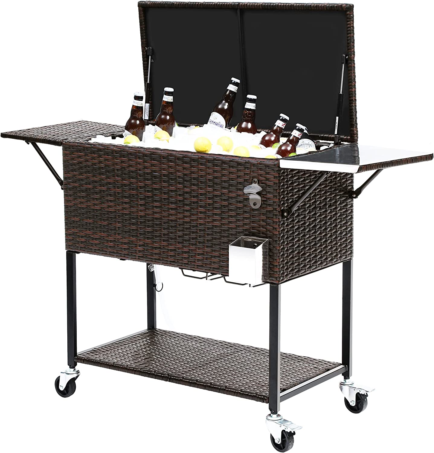 Dextrus 80 Quart Wicker Rolling Cooler Cart with Bottle Opener Drainage ...