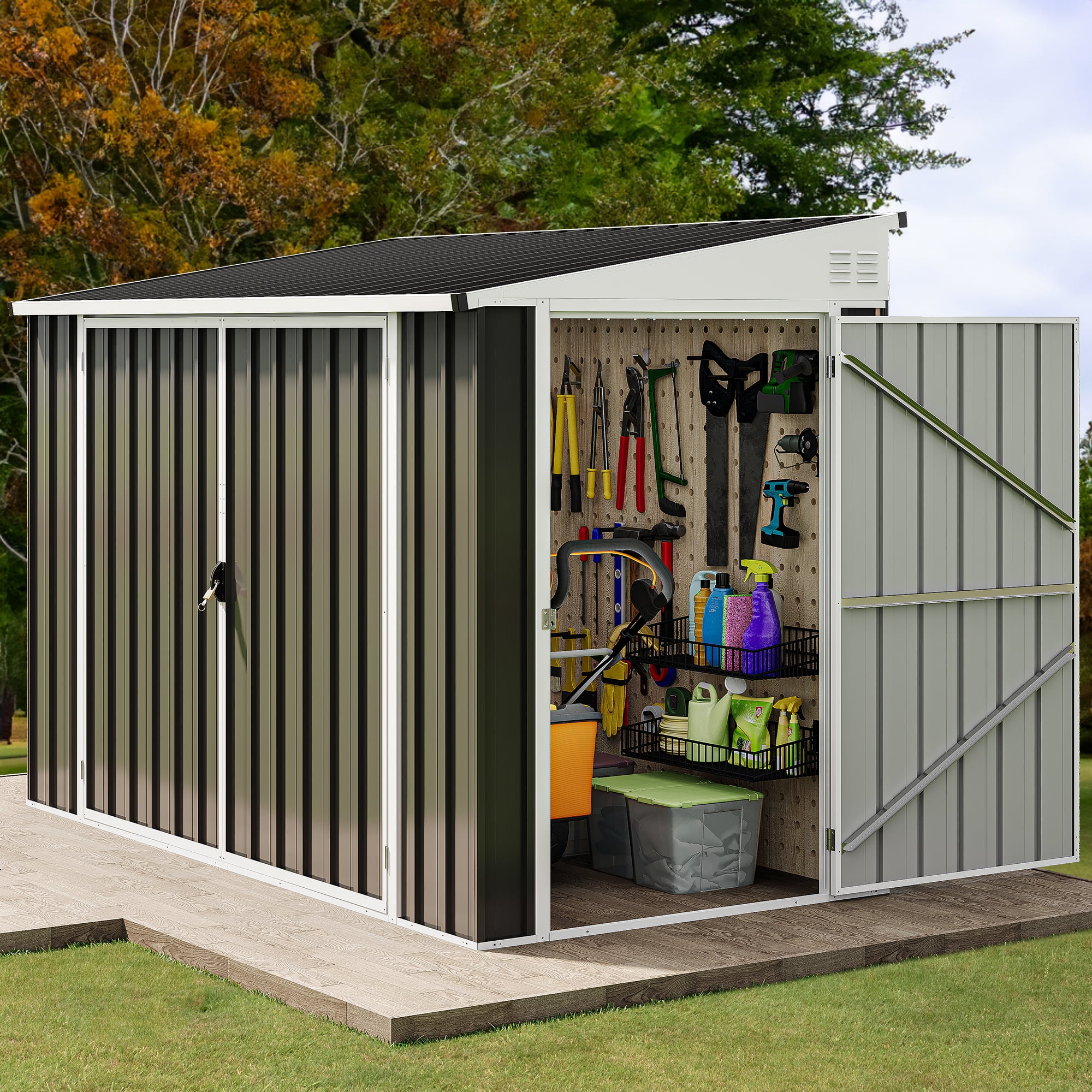 Dextrus 8x4ft Steel Outdoor Storage Shed, Heavy Duty, 3 Lockable Doors ...