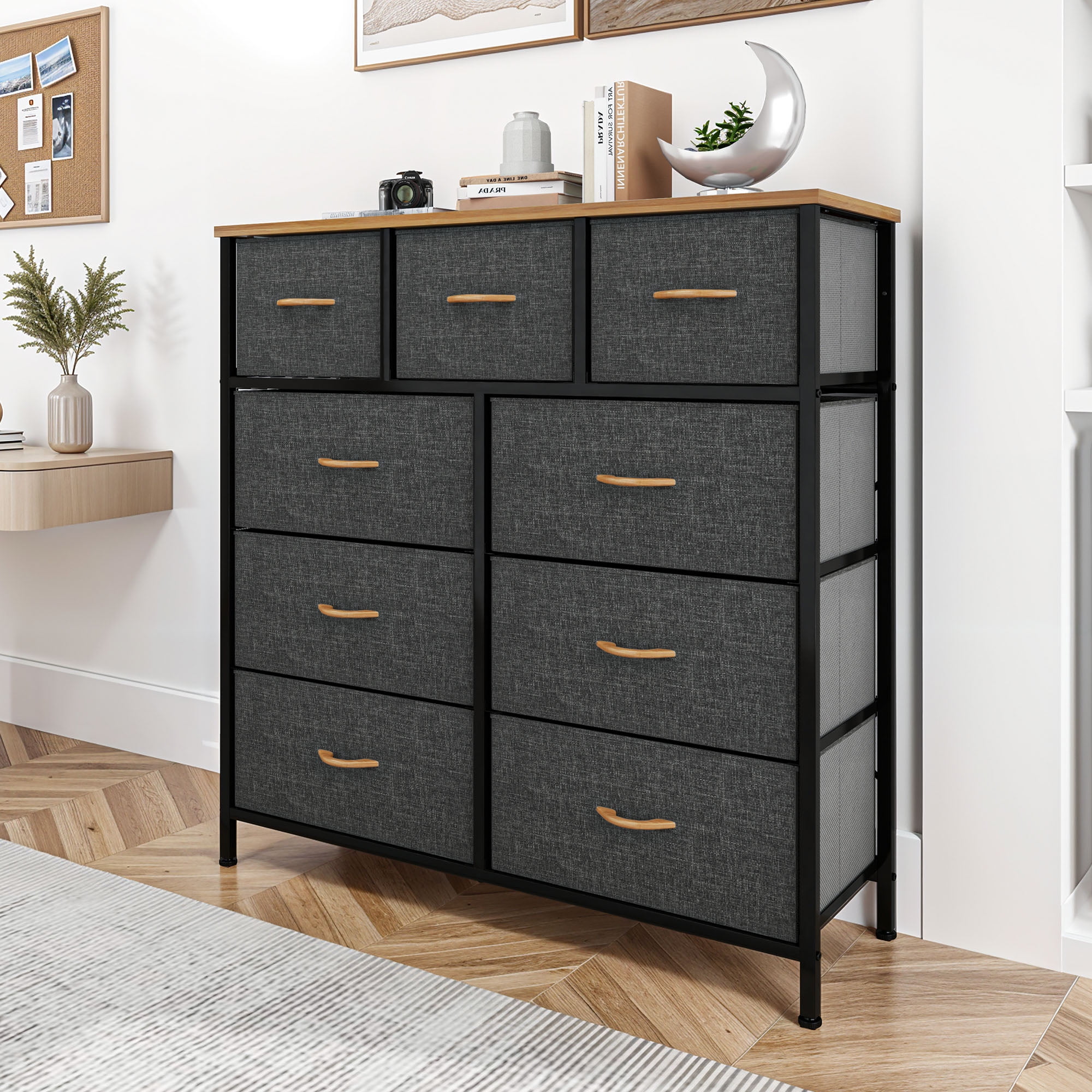 Dextrus 9-Drawer Fabric Storage Dresser, Bedroom Closet Chest, Dark ...