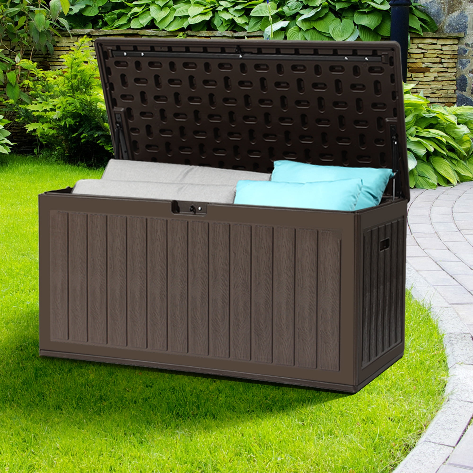 Dextrus 90 Gallon Dual-Wall Resin Deck Box, Outdoor Waterproof Storage ...