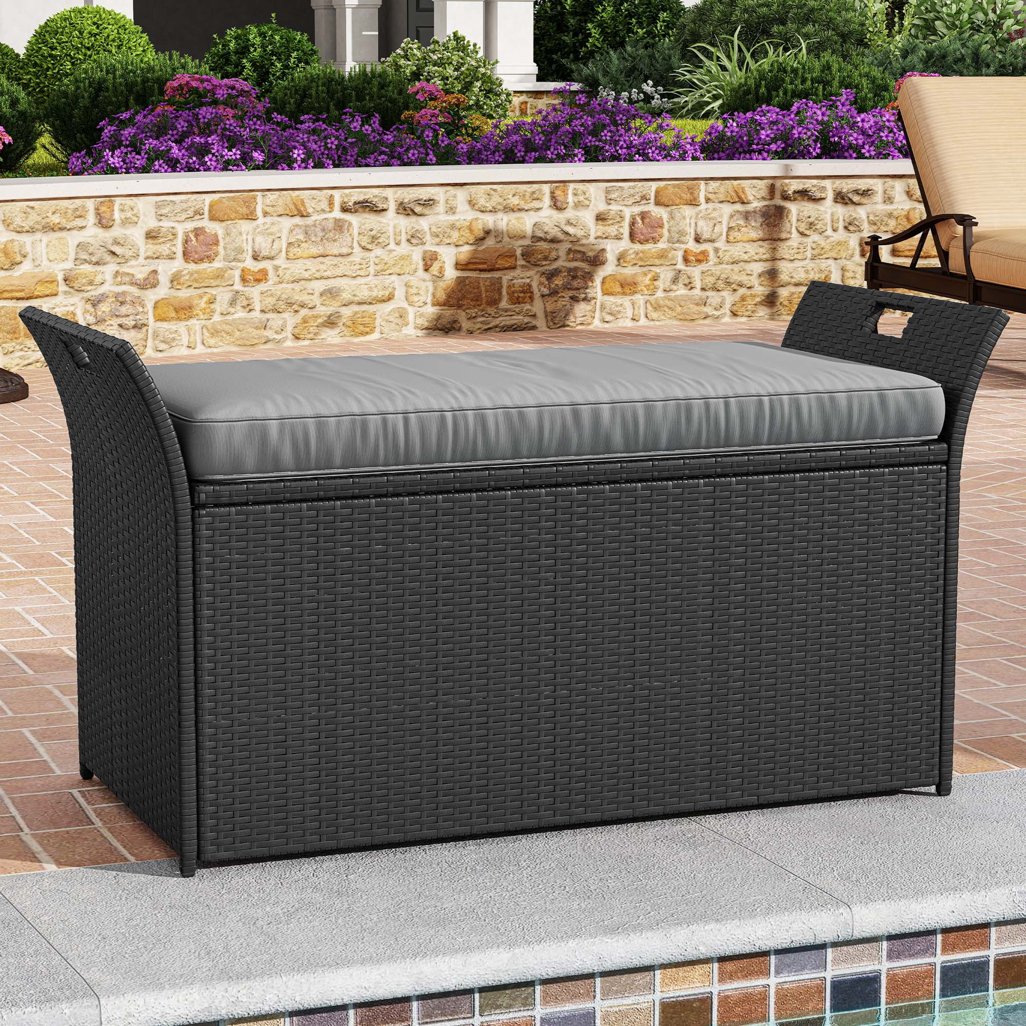 Dextrus 90-Gallon Outdoor Storage Bench, Large PE Rattan Storage Box w ...
