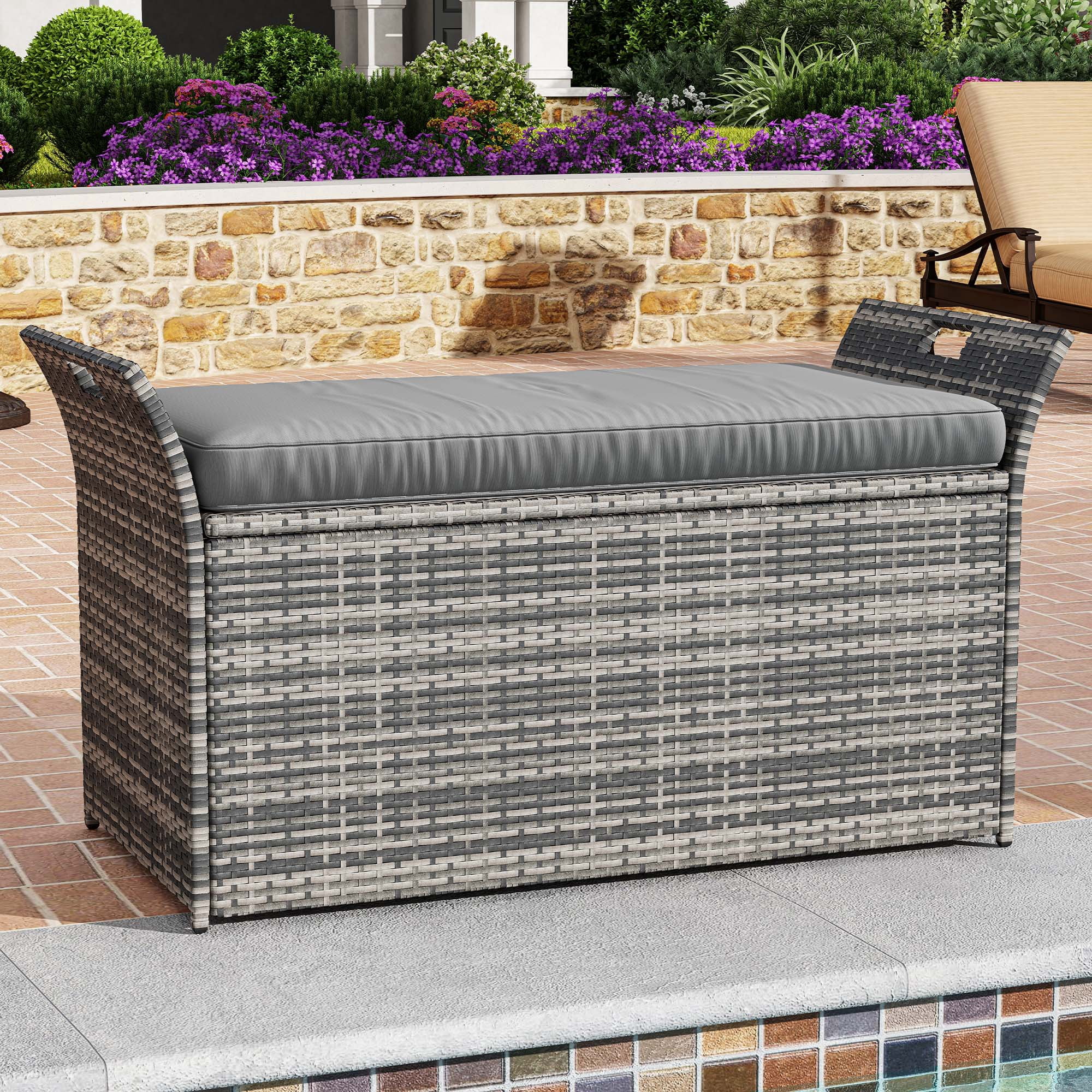 Dextrus 90-Gallon Outdoor Storage Bench, Large PE Rattan Storage Box w ...