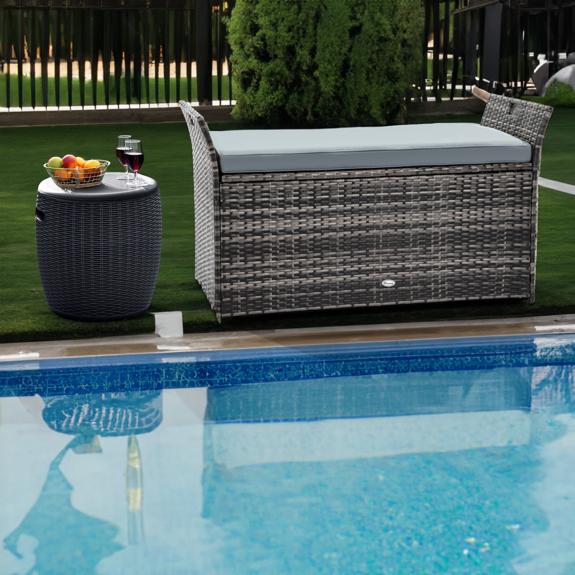 Dextrus 90 Gallon Outdoor Wicker Storage Bench, Waterproof Rattan Deck ...