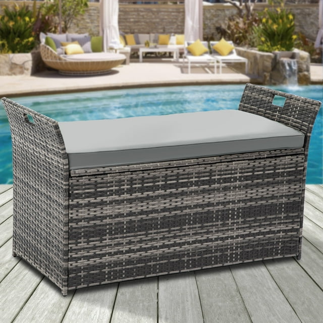 Dextrus 90 Gallon Wicker Storage Bench, Weatherproof, for Patio ...
