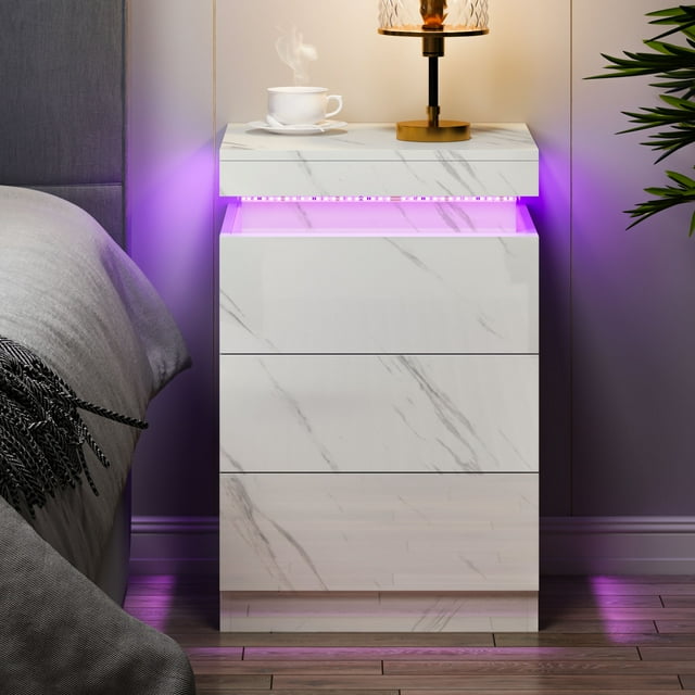 Dextrus Acrylic LED Nightstand with 3 Drawers, High Gloss End Table for ...