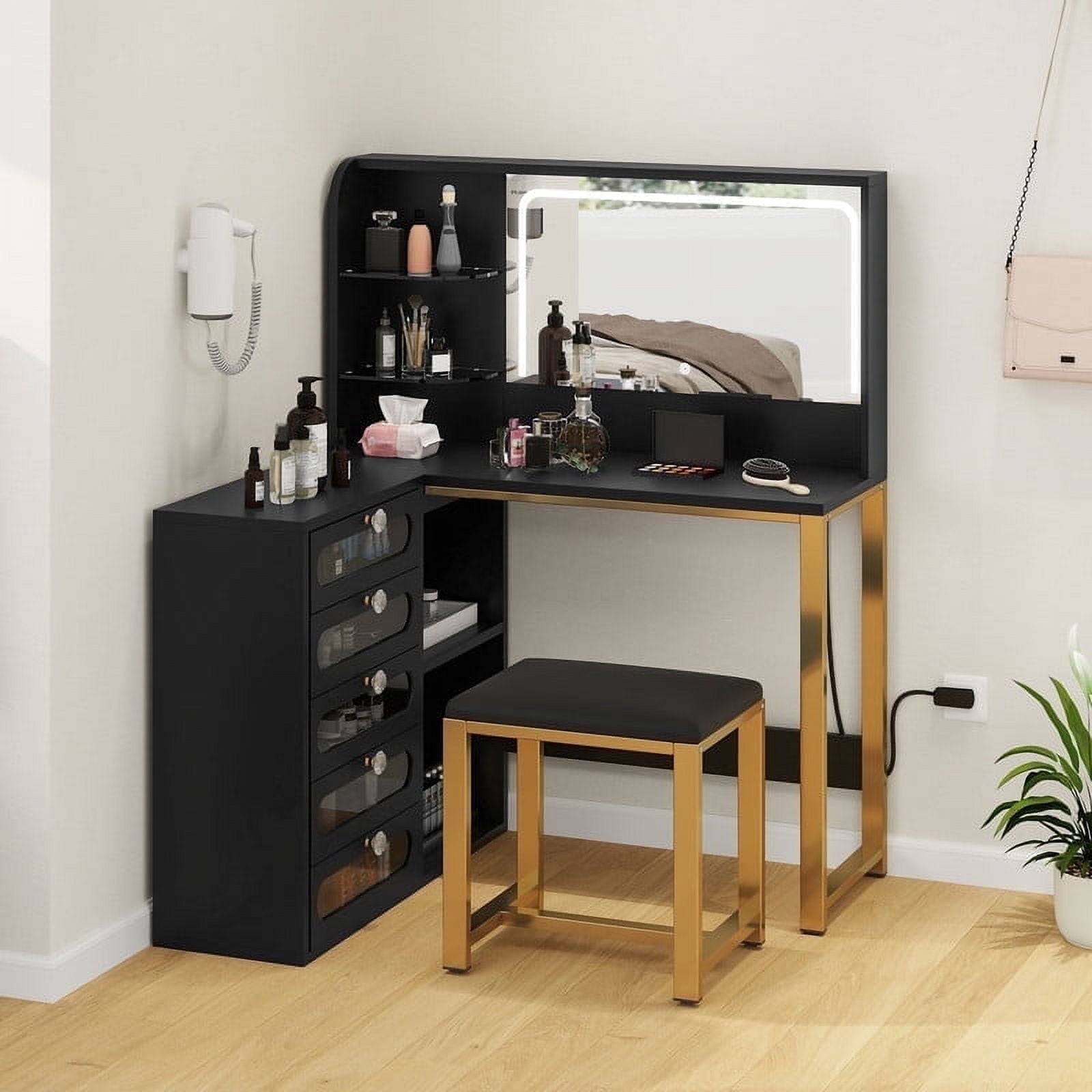 Dextrus Adult Makeup Vanity with Lighted Mirror, Modern L-Shaped ...