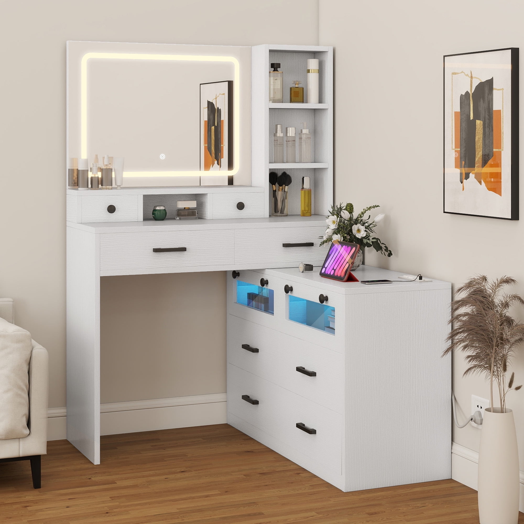 Dextrus Adult Vanity Desk – 8 Drawers, USB Charging, LED Mirror, L ...