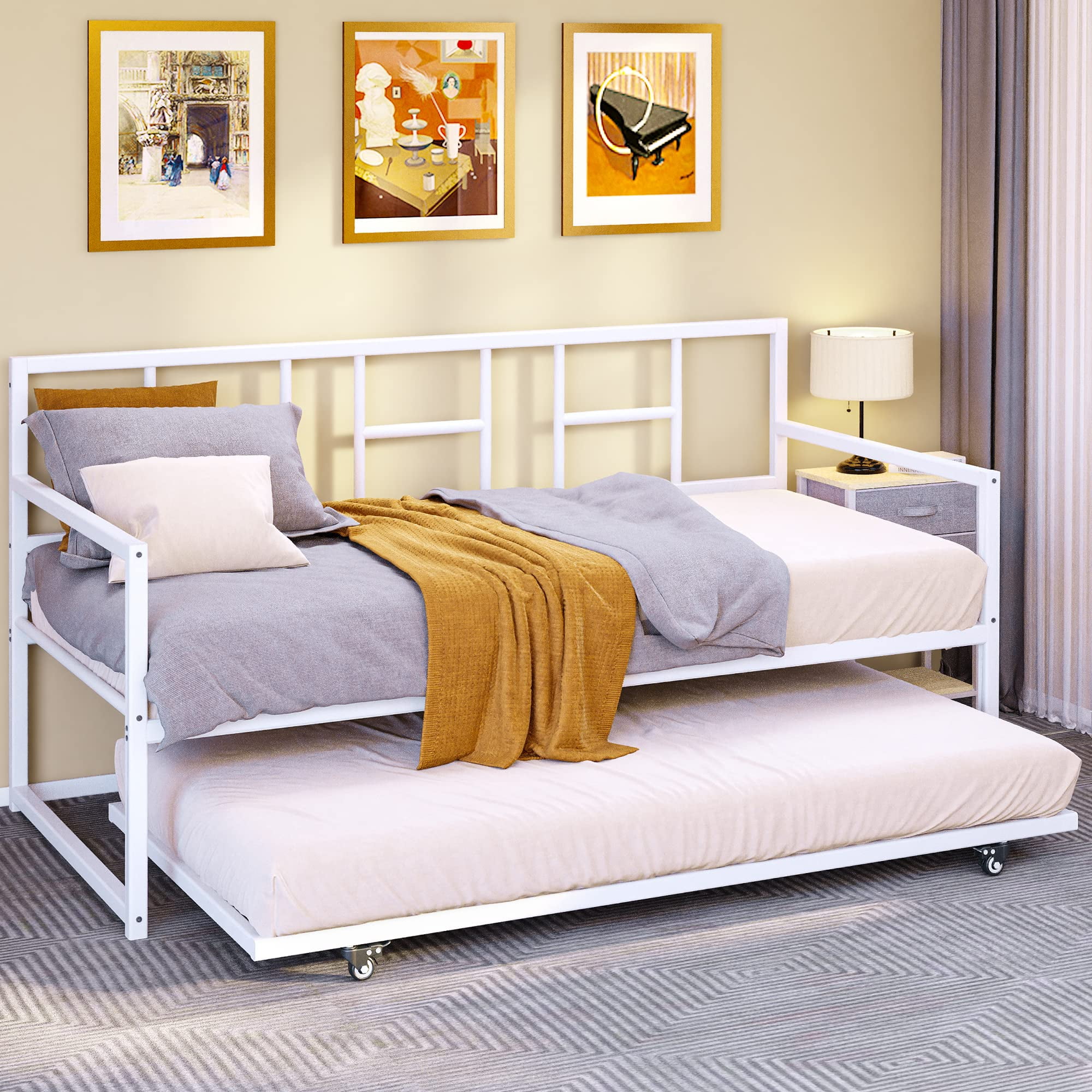 Dextrus Alloy Steel Adjustable Twin Daybed with Trundle, White ...