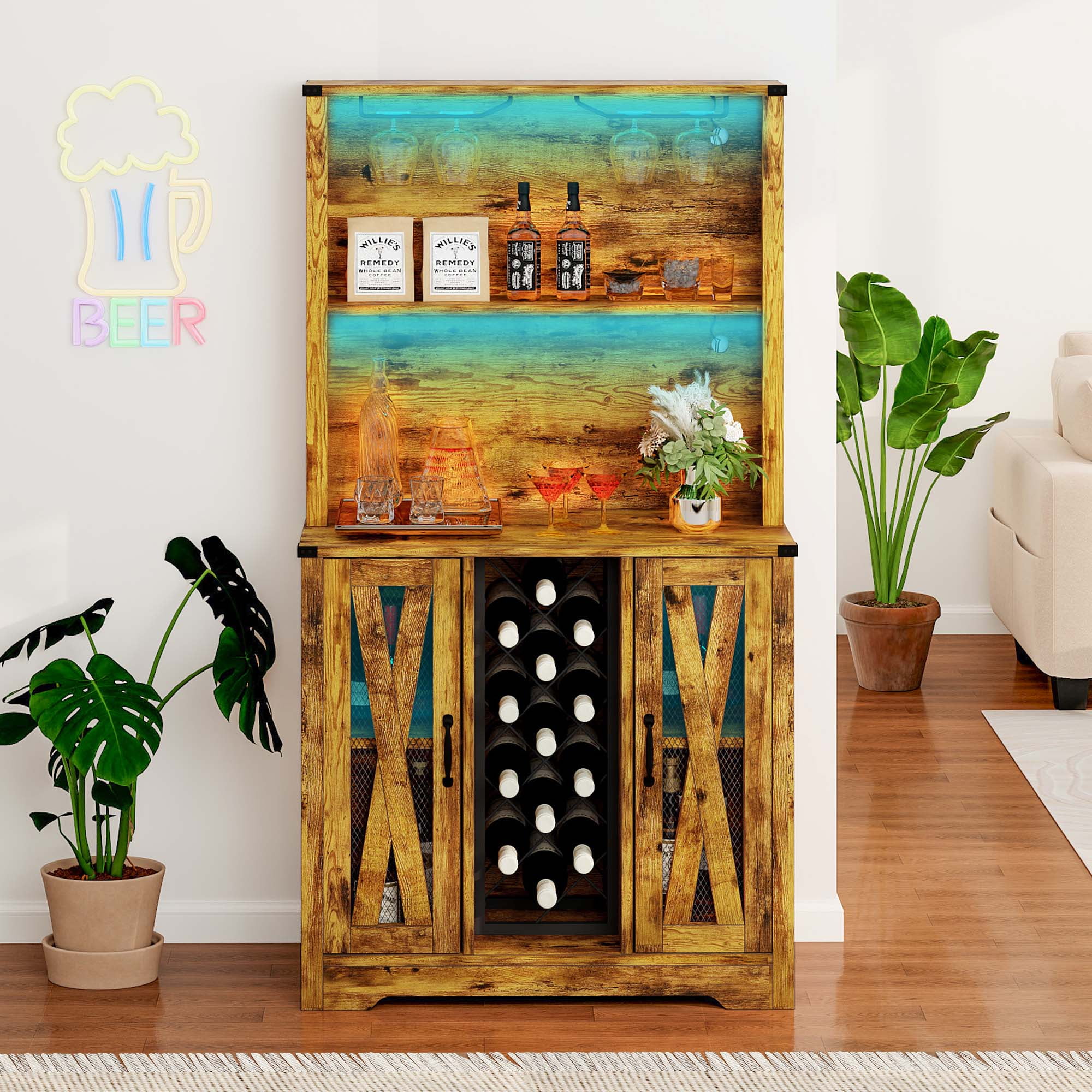 Dextrus Bar Cabinet with LED Light &Door, Farmhouse Storage Cabinet ...