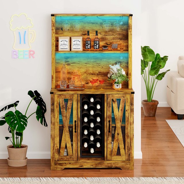 Dextrus Bar Cabinet with LED Light &Door, Farmhouse Storage Cabinet ...