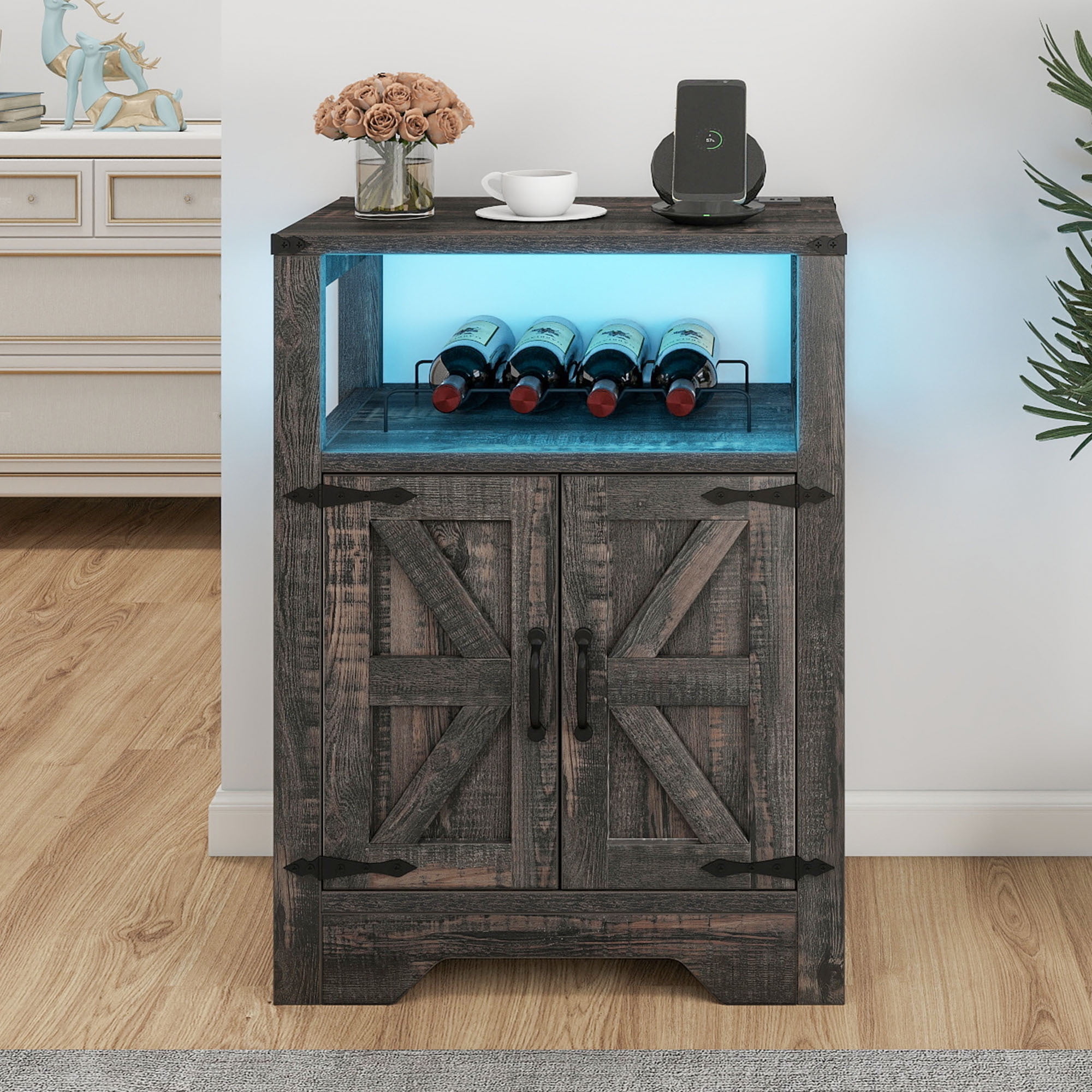 Dextrus Bar Cabinet with Power Outlet & Wine Rack, Farmhouse Wine ...