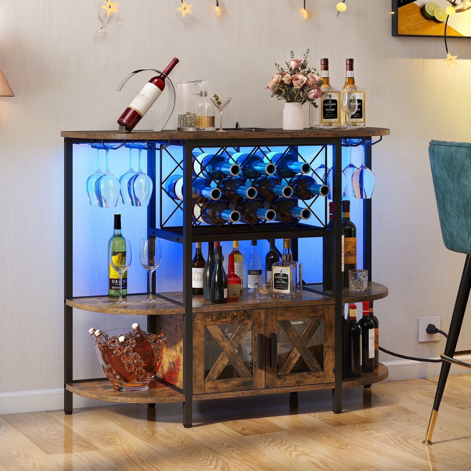 Dextrus Bar Wine Cabinet with LED Lights and Power Outlets, 4-Tier Wine ...
