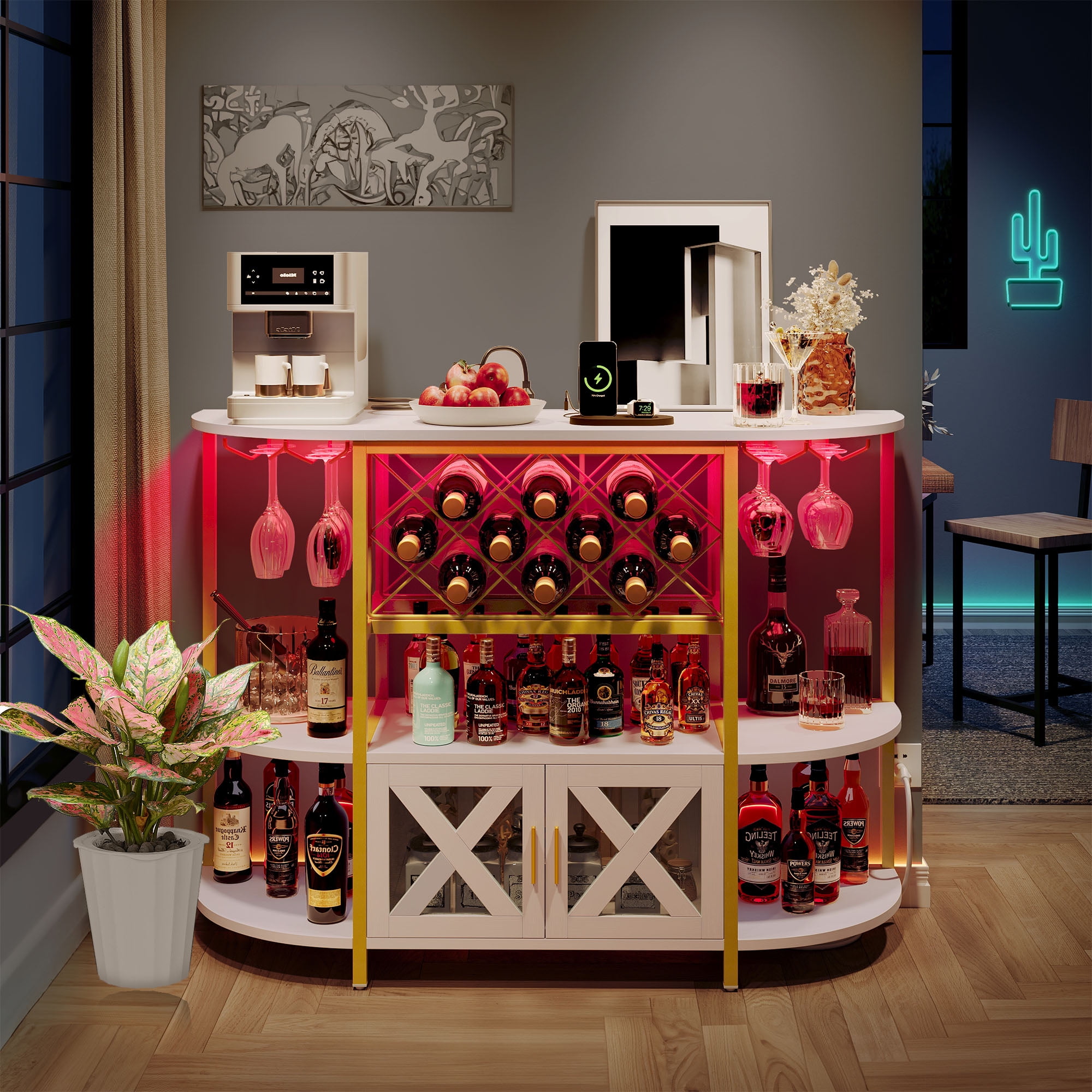 DEXTRUS Bar Wine Cabinet with LED Lights, Power Outlets, Liquor Rack ...