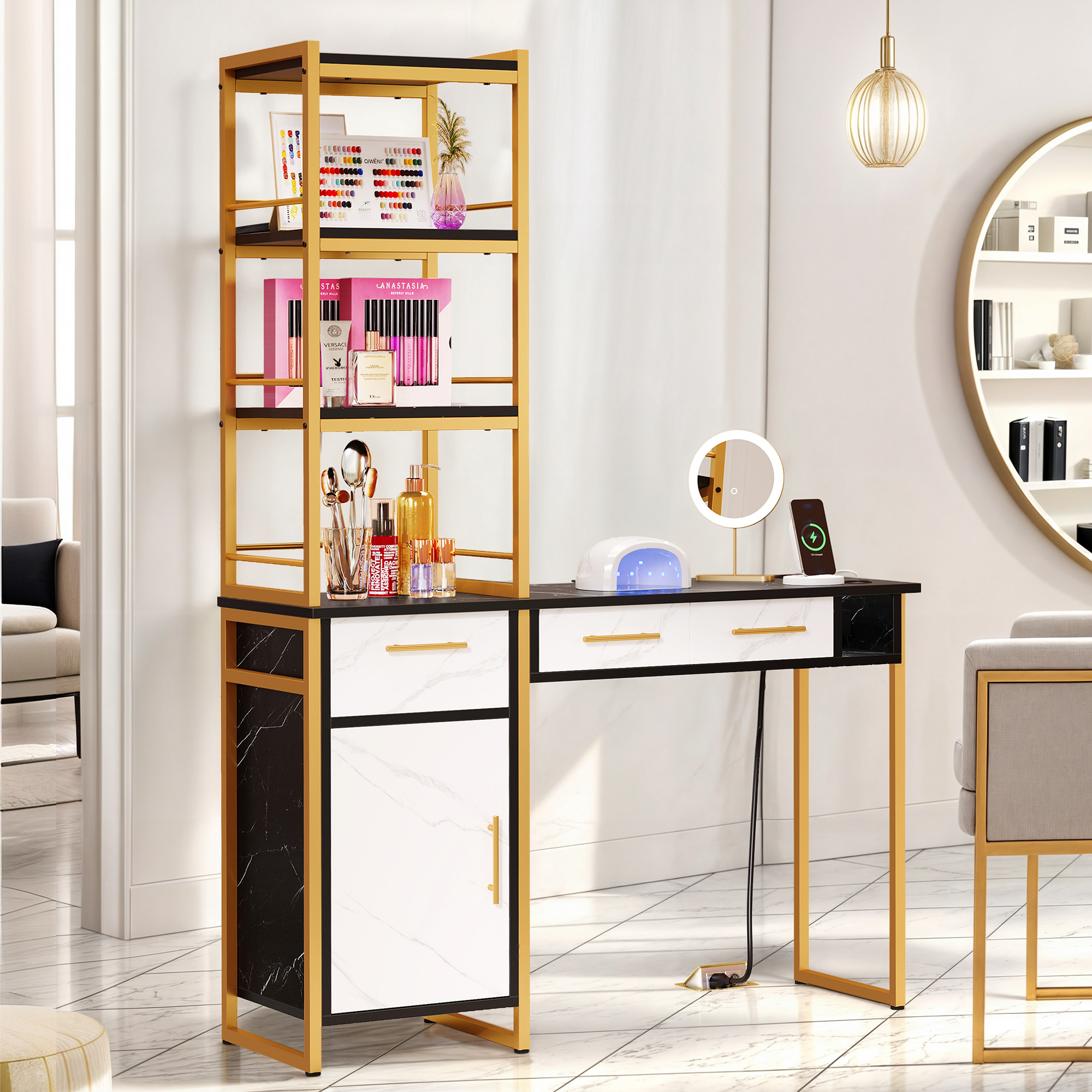 DEXTRUS Barber Desk with 3 Drawers and Shelves, Hair Salon Station Desk ...