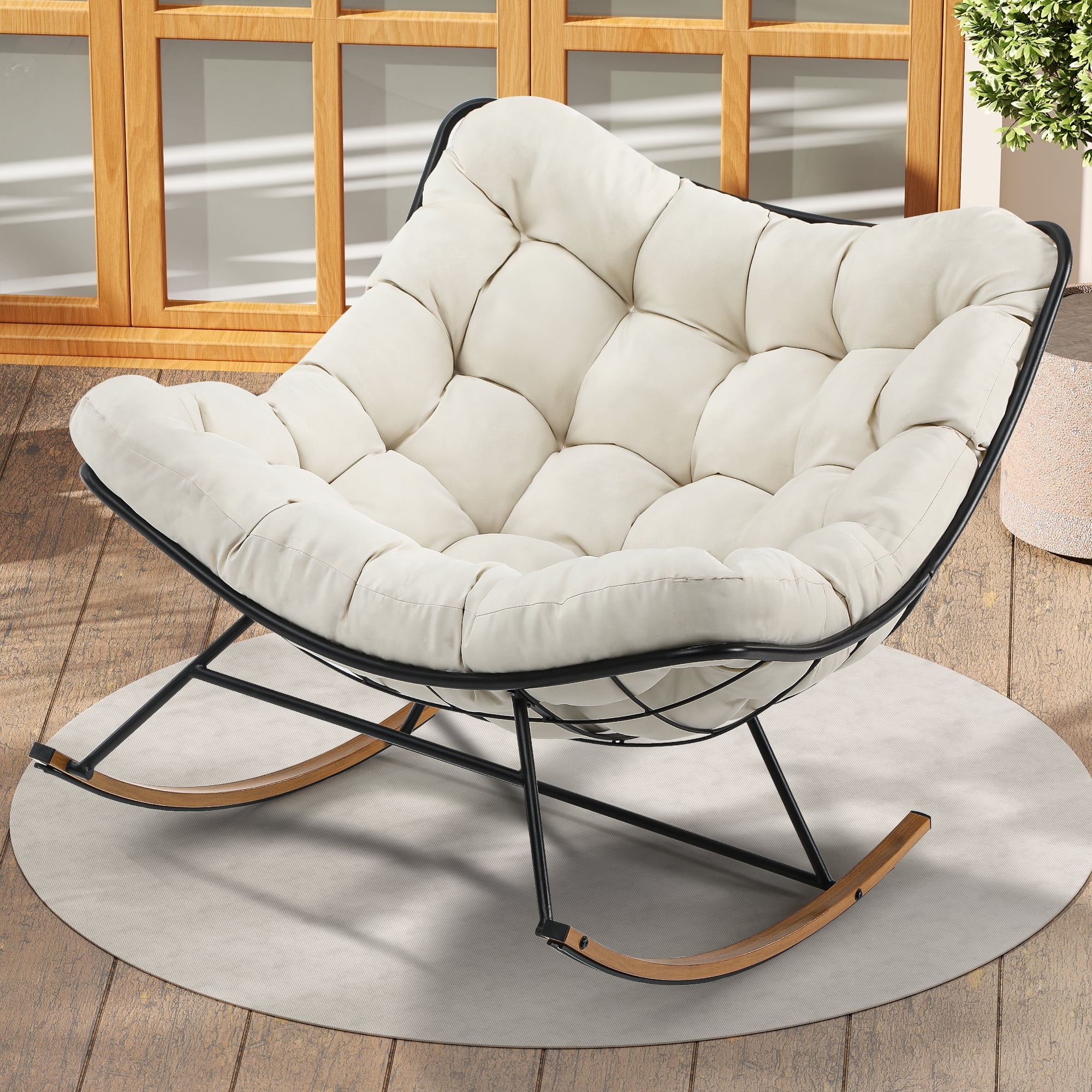 Dextrus Beige Large Rocking Papasan Chair w/Plush Cushion for Bedroom ...