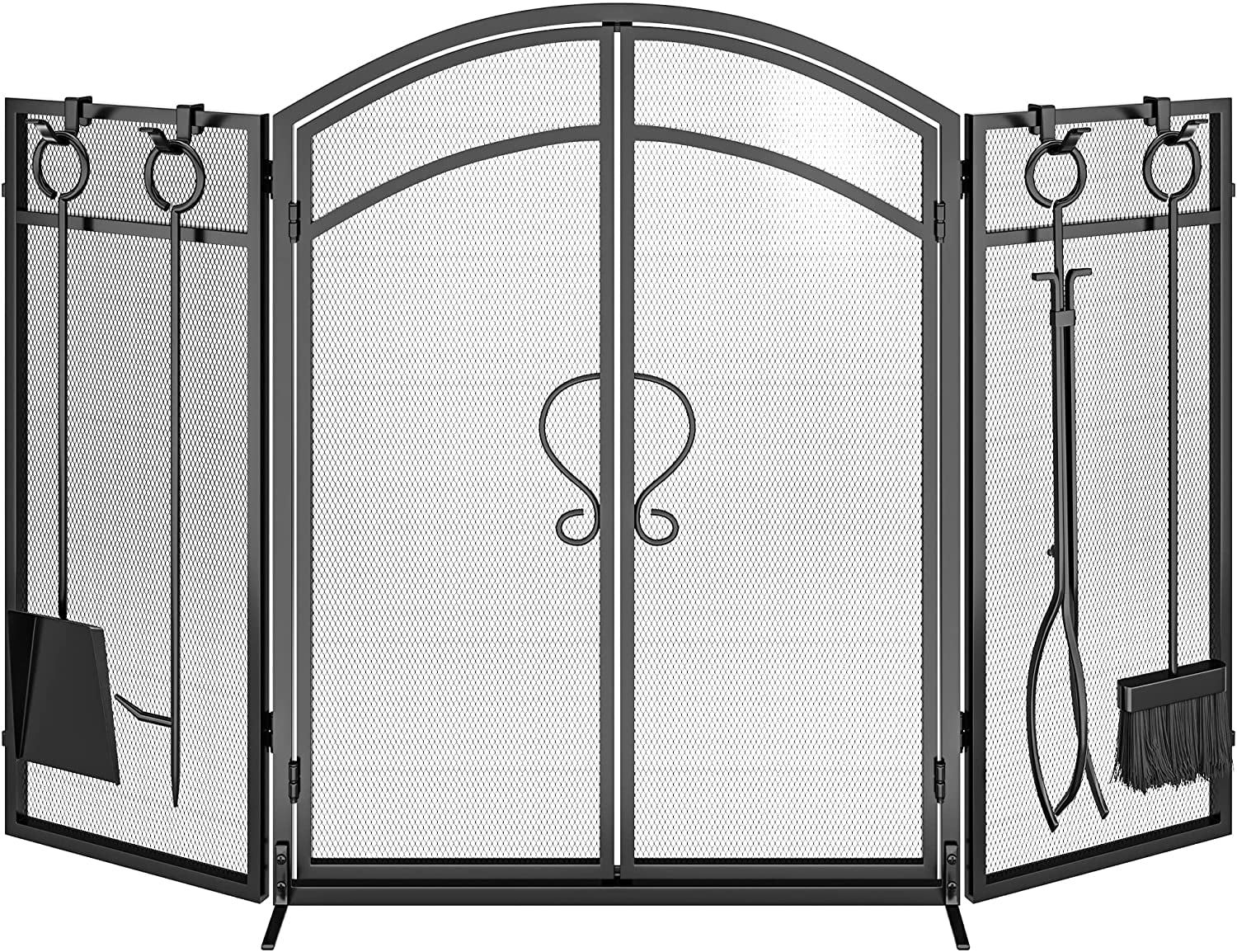 Dextrus Black 3-Panel Folding Fireplace Screen Arched with Magnetic ...
