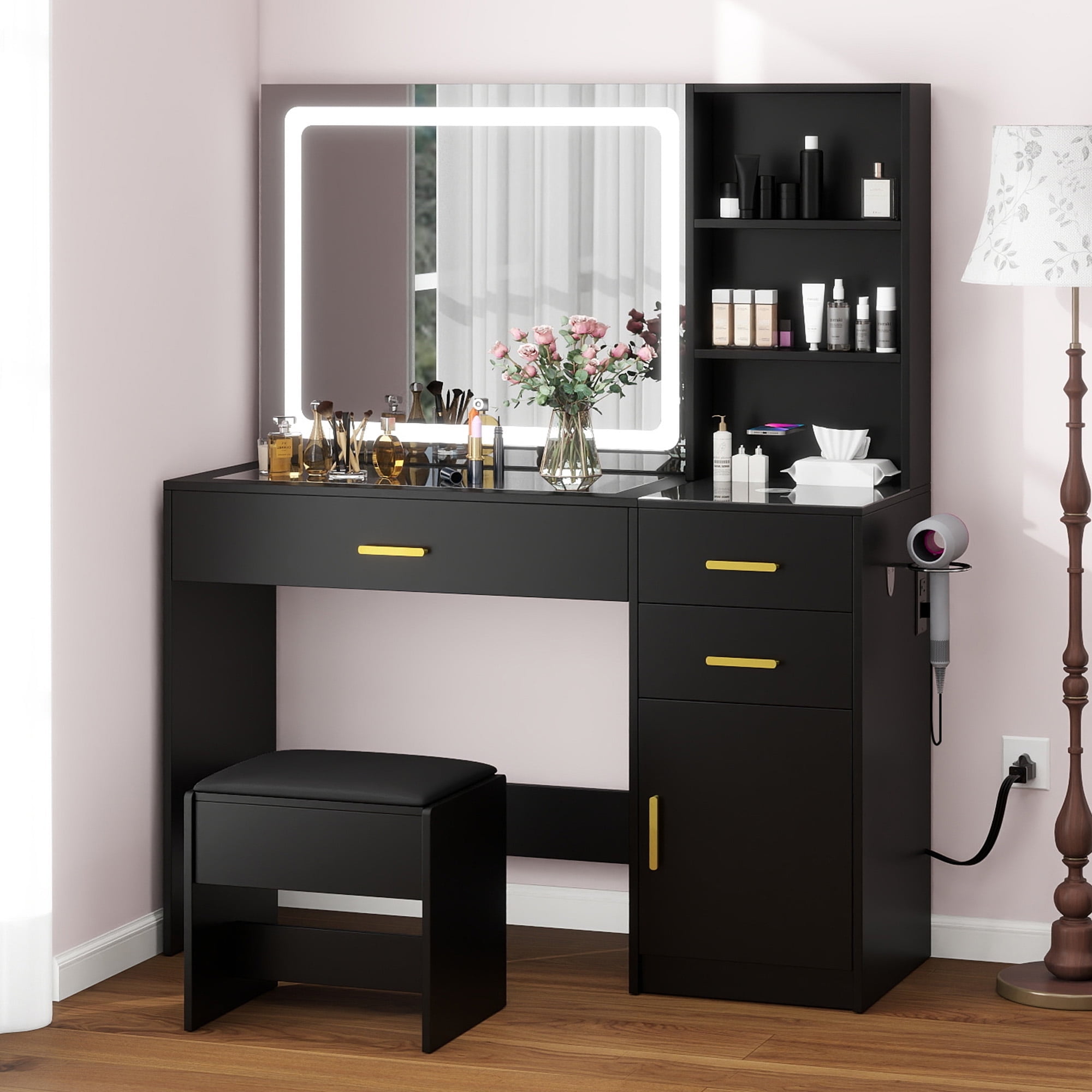 Dextrus Black Adult Vanity Desk Set with LED & Power Outlet – Makeup ...