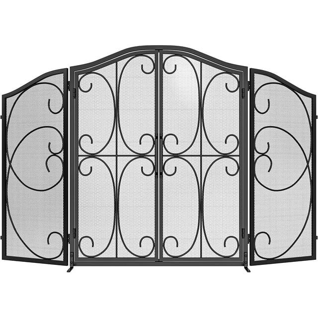 Dextrus Black Folding Fireplace Screen with Doors, Large Flat Guard ...