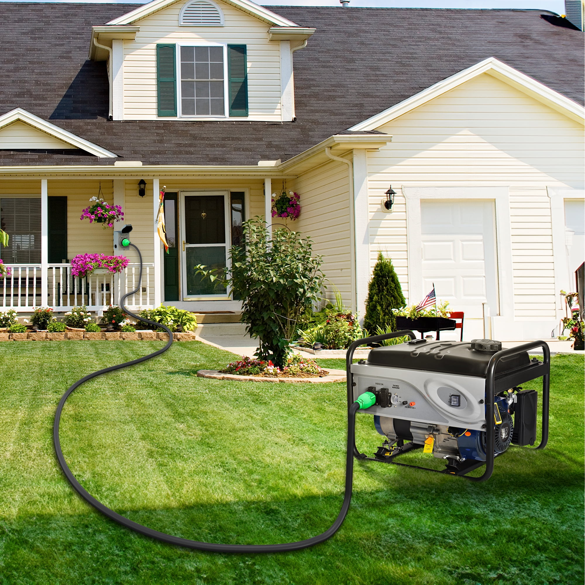 Dextrus Black & Green 25-Foot 30 Amp Generator Extension Cable and Inlet Box, Robust NEMA L14 ...