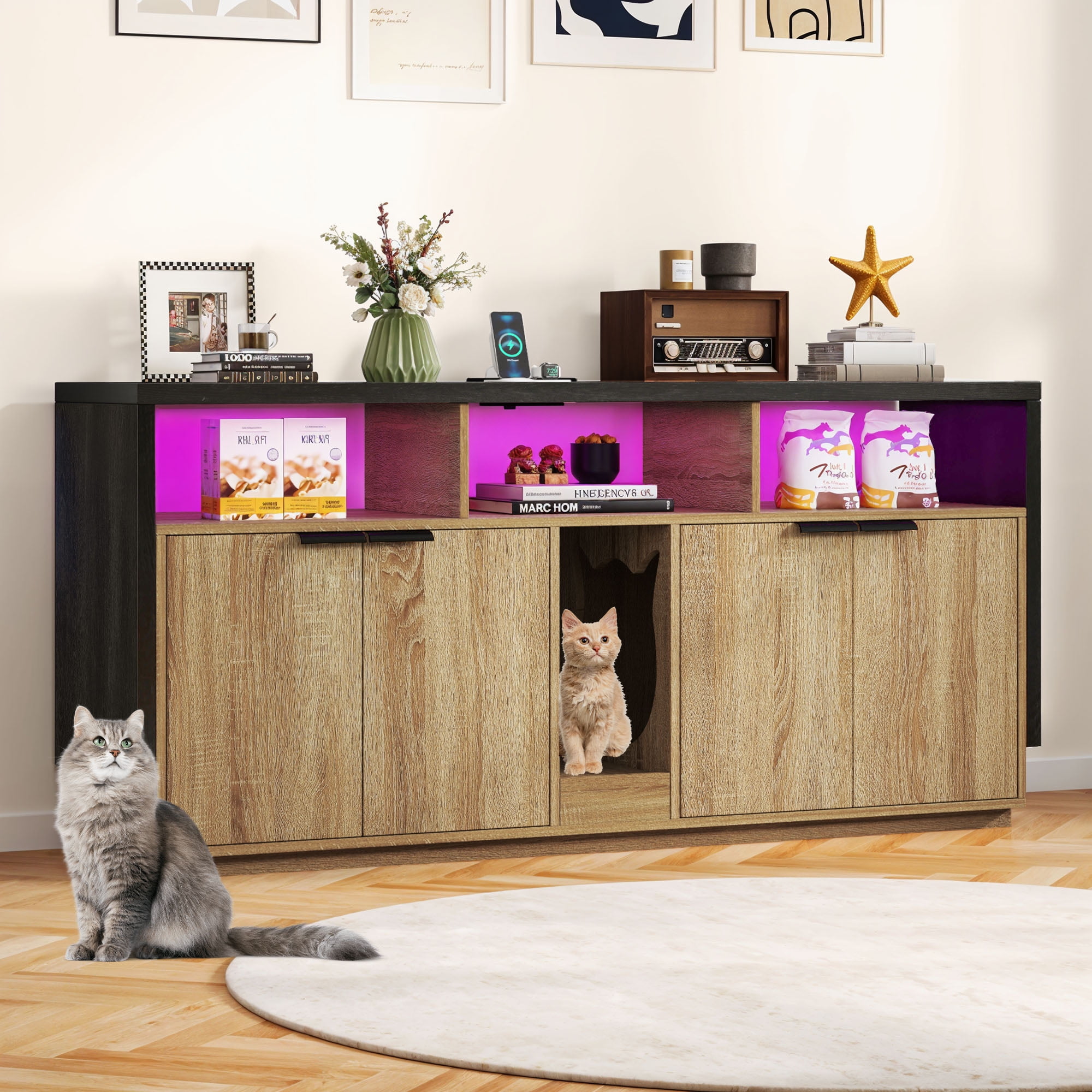 Dextrus Cat Litter Box Enclosure for 2 Cats, Wooden Long Cat Litter Box ...