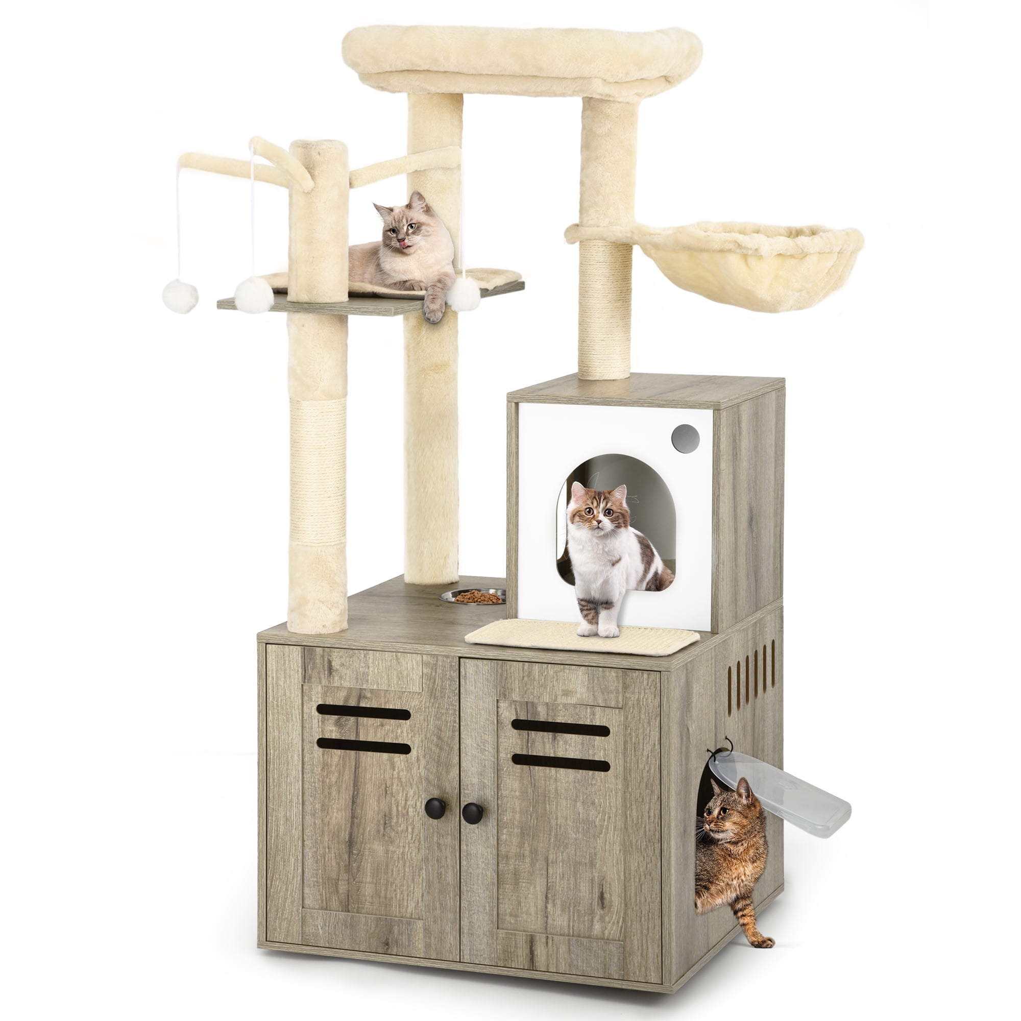 Dextrus Cat Tree with Litter Box Enclosure, Wooden Cat Tower Furniture ...