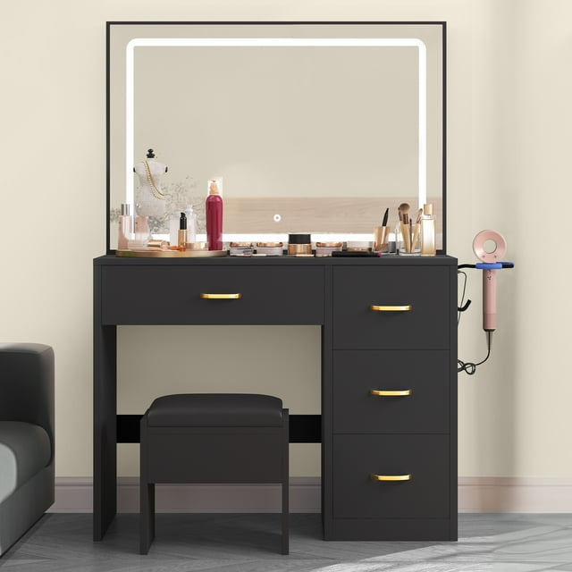 Dextrus Charcoal Black Makeup Vanity Table with LED Lights, Large Mirror, USB Ports, Drawers and ...