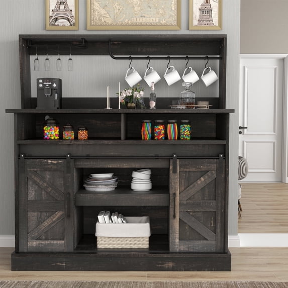 DEXTRUS Coffee Bar Cabinet Modern with Power Socket, Wine Glass Rack ...