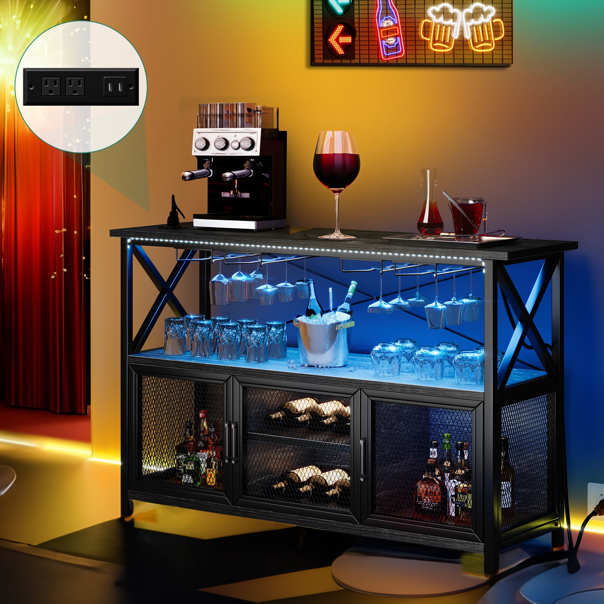 DEXTRUS Coffee Bar Cabinet, 55 Inch Industrial Wine Bar Cabinet, LED ...